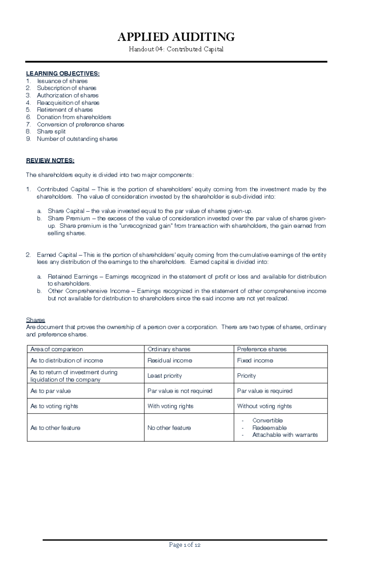30 Contributed Capital - APPLIED AUDITING Handout 04: Contributed ...