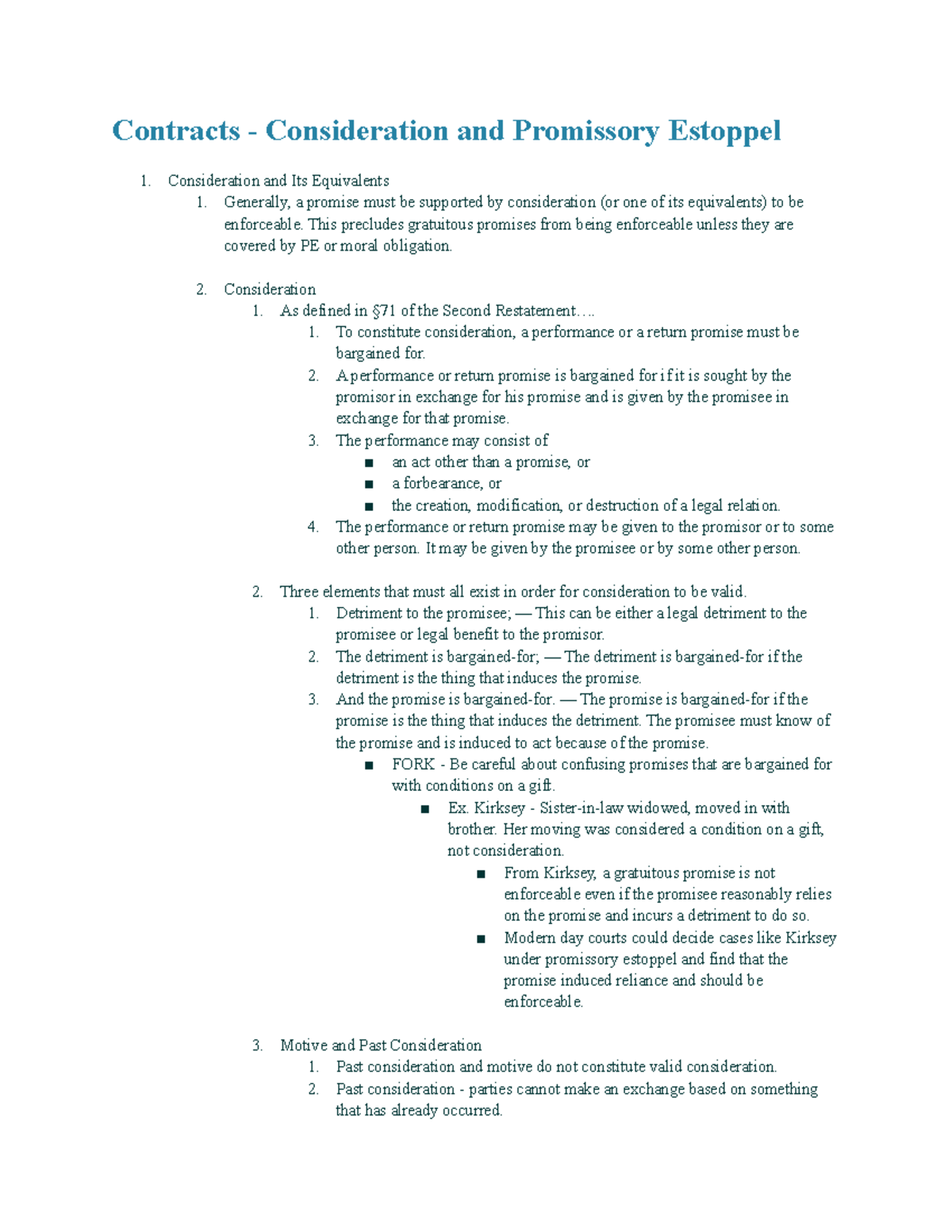 Contracts - Consideration and Promissory Estoppel - Contracts - Consideration and Promissory ...