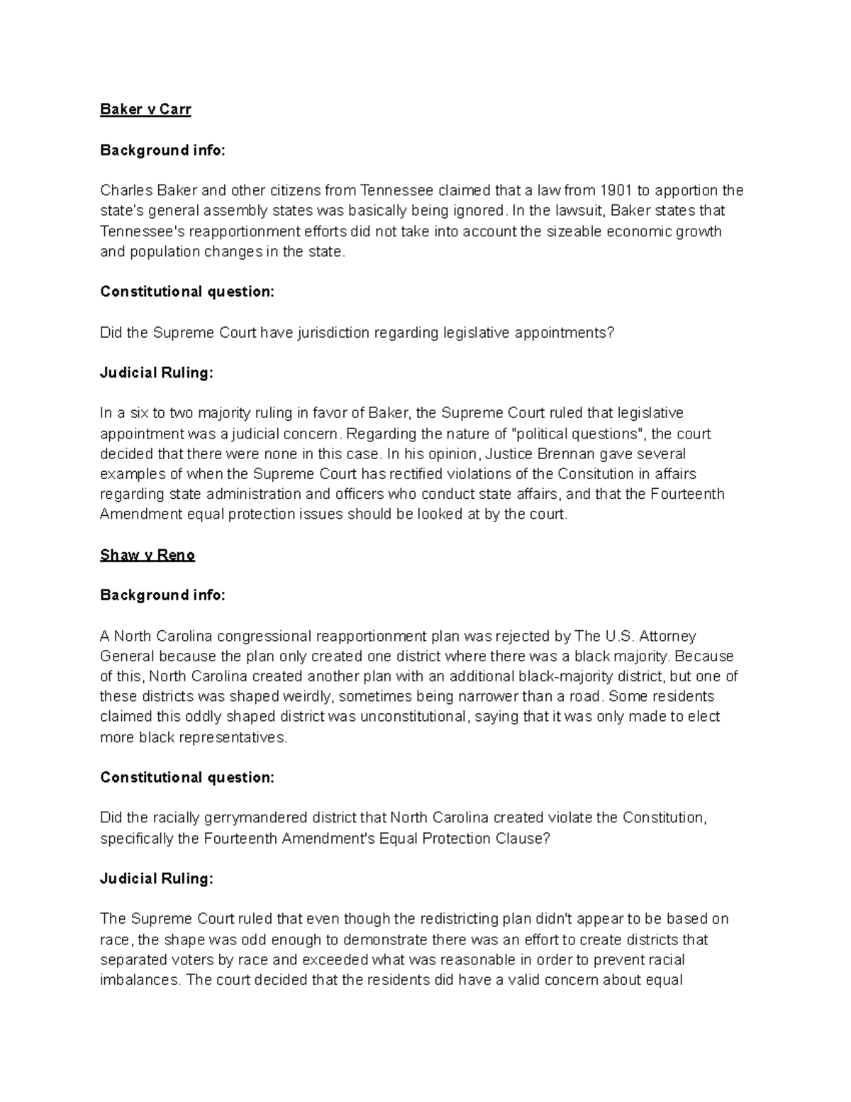 GOV HW Case Notes on Baker v Carr and Shaw v Reno - Baker v Carr ...