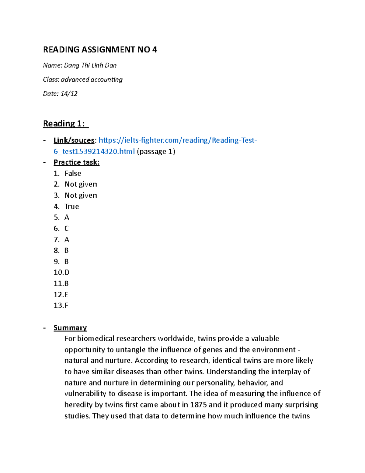 Reading Assignment NO 4 - READING ASSIGNMENT NO 4 Name: Dang Thi Linh ...