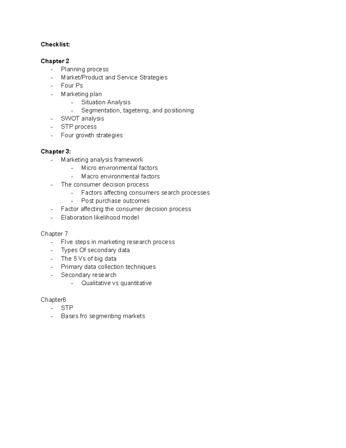 COMM 296 notes - Checklist: Chapter 2 - Planning process - Market ...