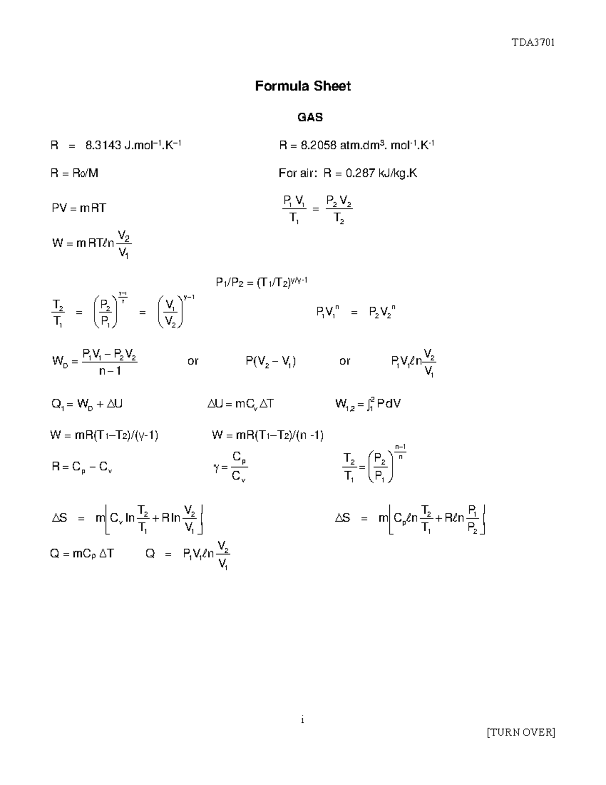 TDA3701 Formulas AND Tables - i Formula Sheet GAS R = 8 J− 1 .K− 1 R ...
