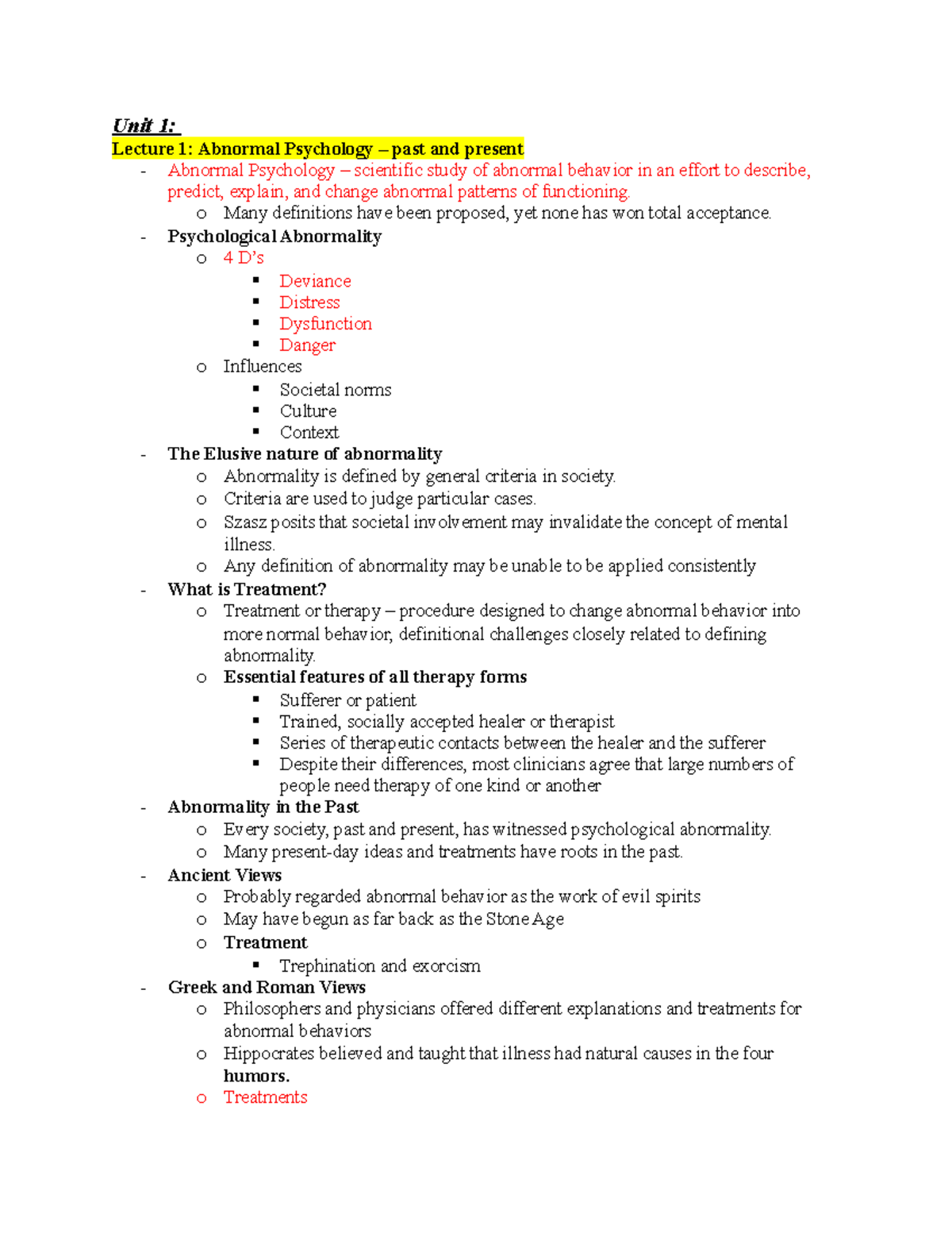 Unit 1 - Notes - Unit 1: Lecture 1: Abnormal Psychology – past and ...