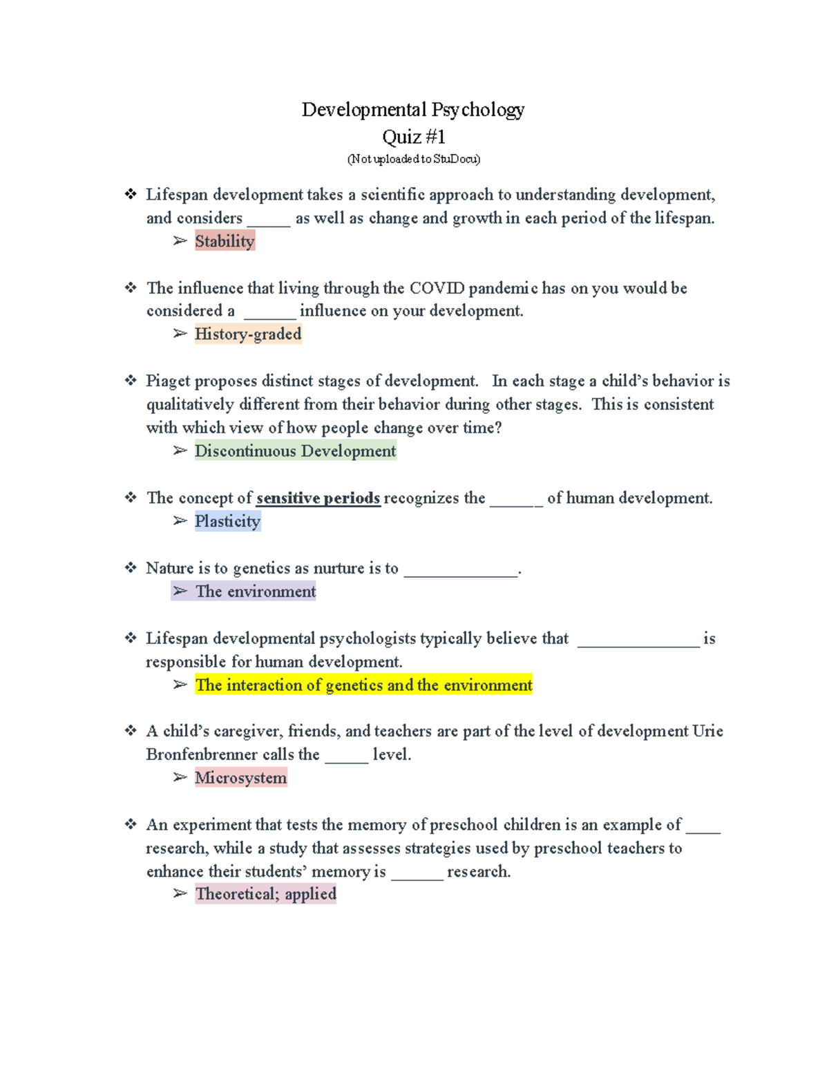 Developmental Psychology (PSYC 231) Quiz #1 - Developmental Psychology ...