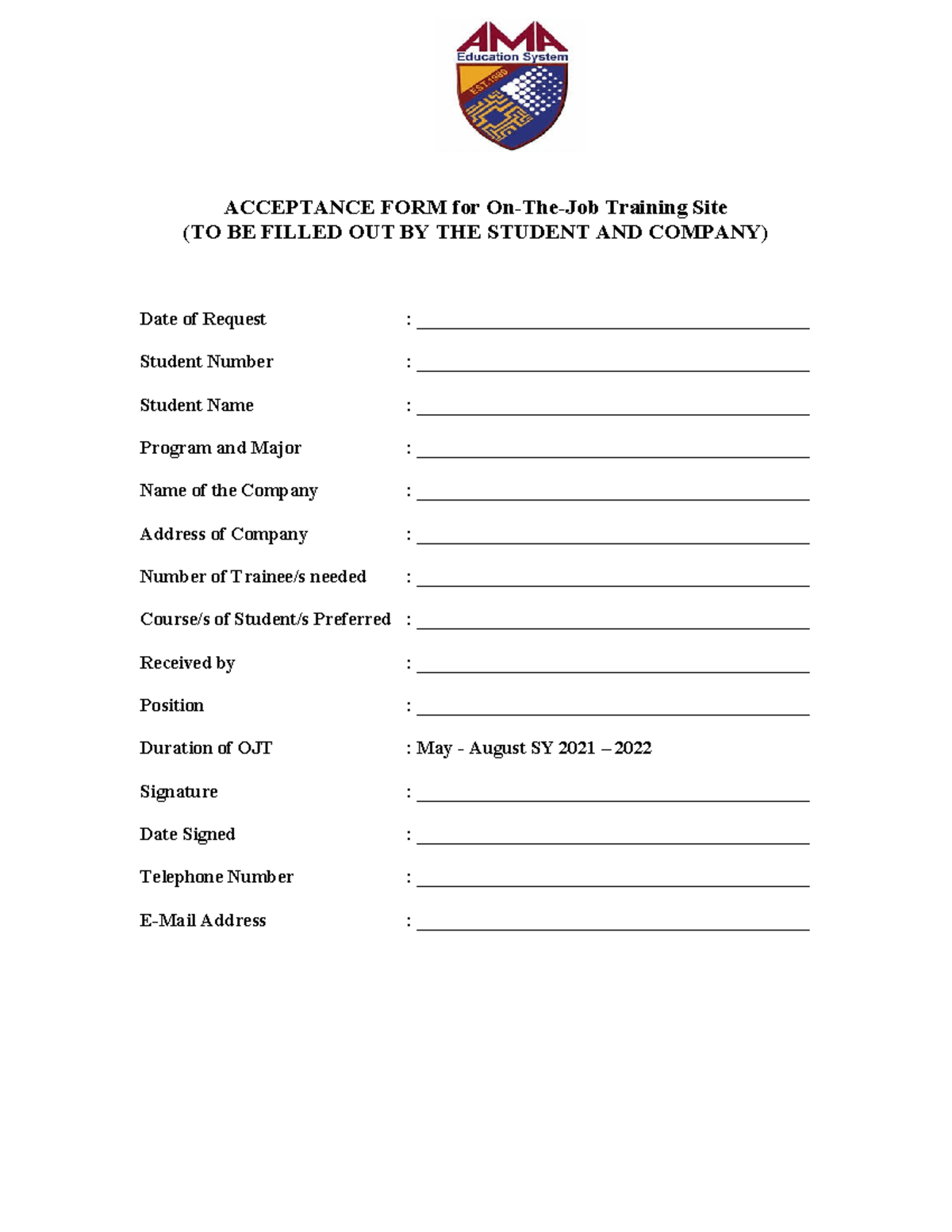 005 - Acceptance Form - fbdb - ACCEPTANCE FORM for On-The-Job Training ...