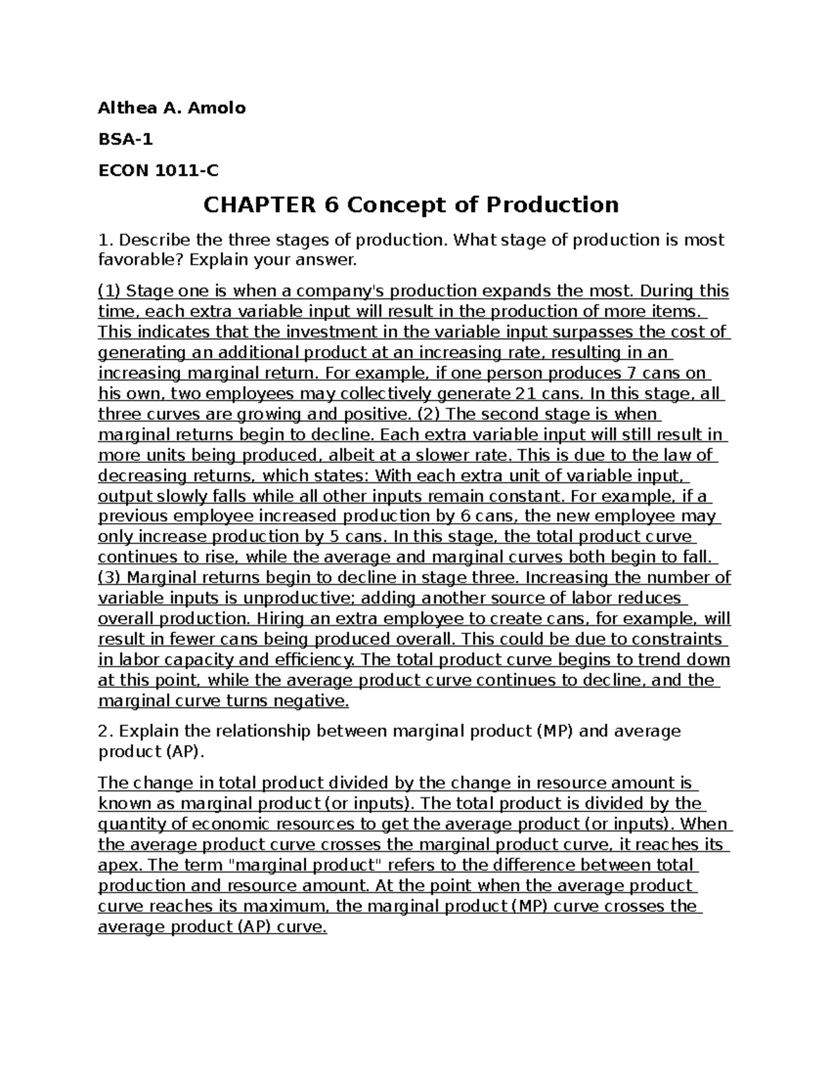 Chapter 6 concept of production - Althea A. Amolo BSA- ECON 1011-C ...