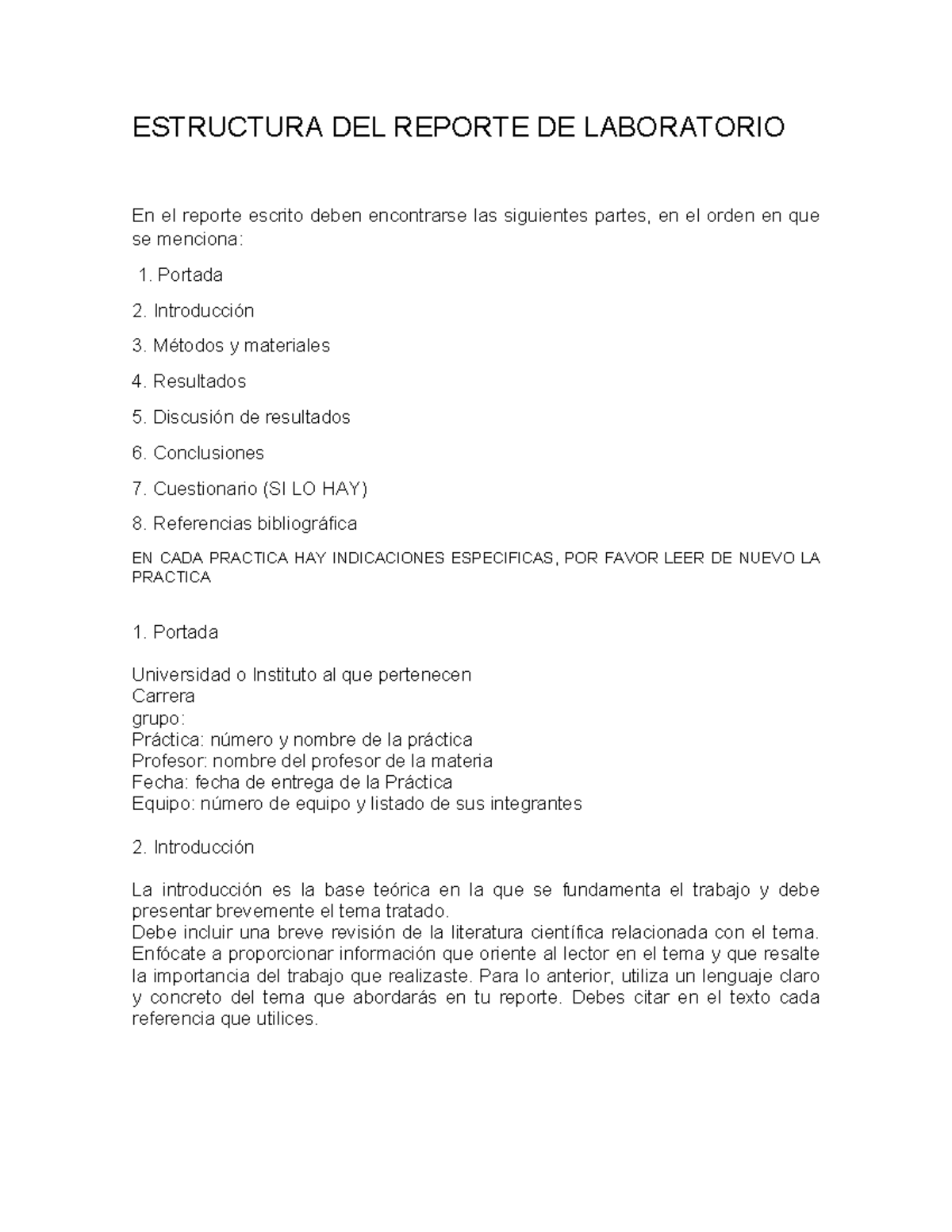 Comoreportarpracticasmico - ESTRUCTURA DEL REPORTE DE LABORATORIO En el reporte escrito deben ...