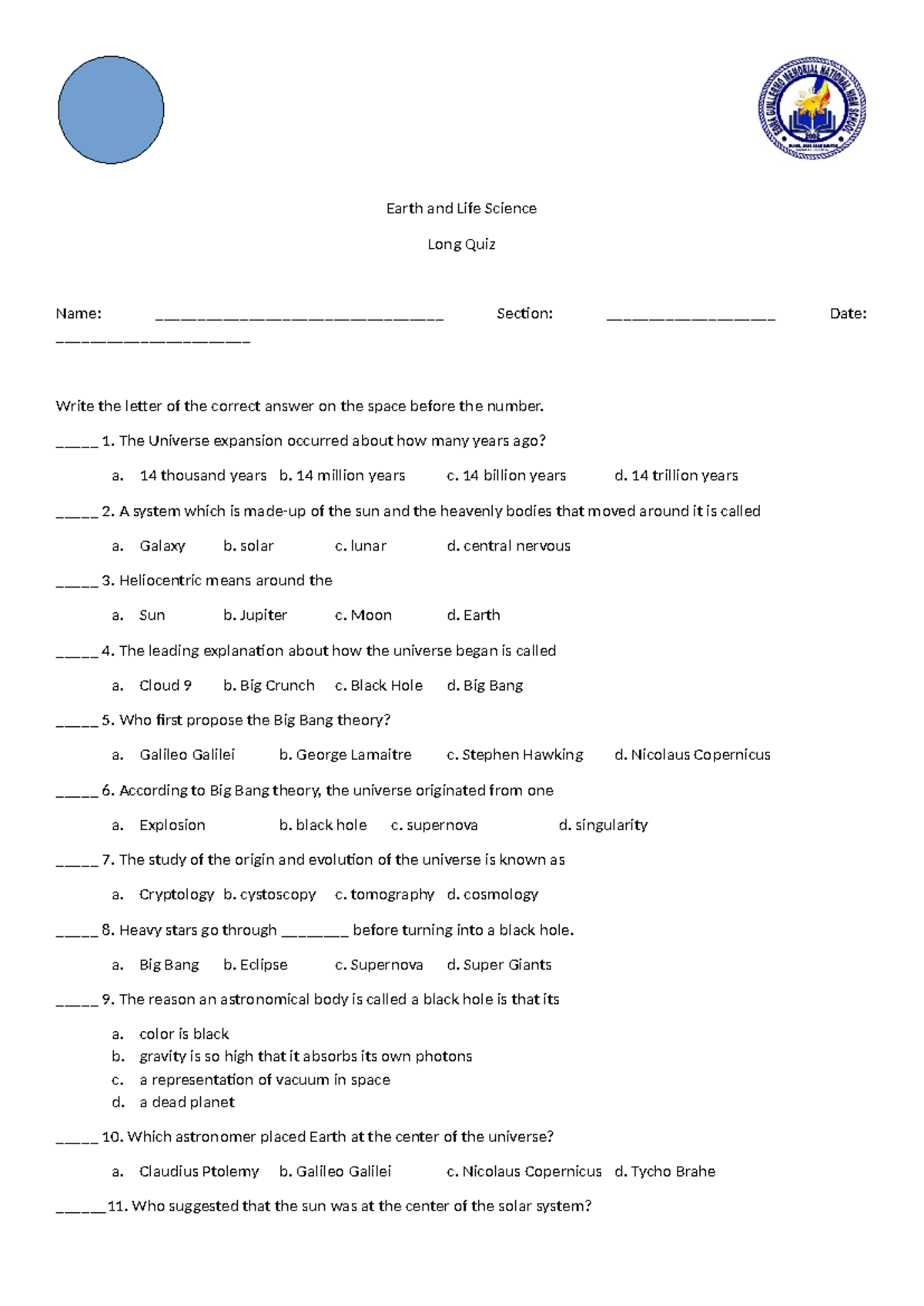 Earth and Life Science quiz1 - Earth and Life Science Long Quiz Name ...