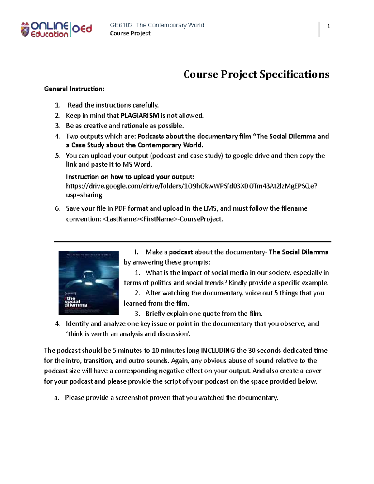 Contemporary World Course Project - General Instruction: Course Project ...