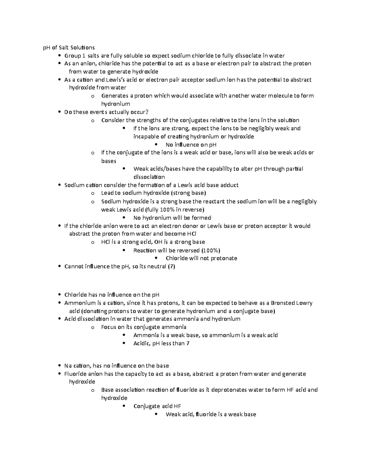 Acids and bases part 5 - Lecture notes 4 - pH of Salt Solutions Group 1 ...