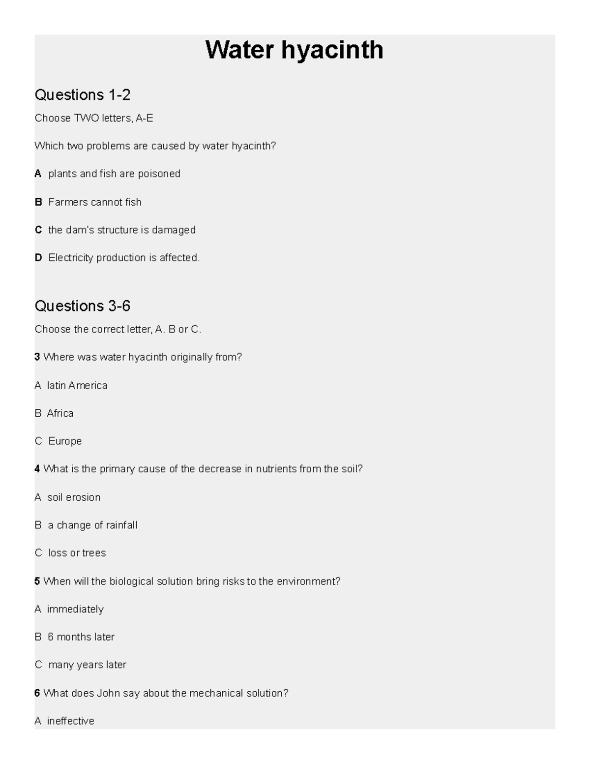 Listening - asasdasd - Water hyacinth Questions 1- Choose TWO letters ...