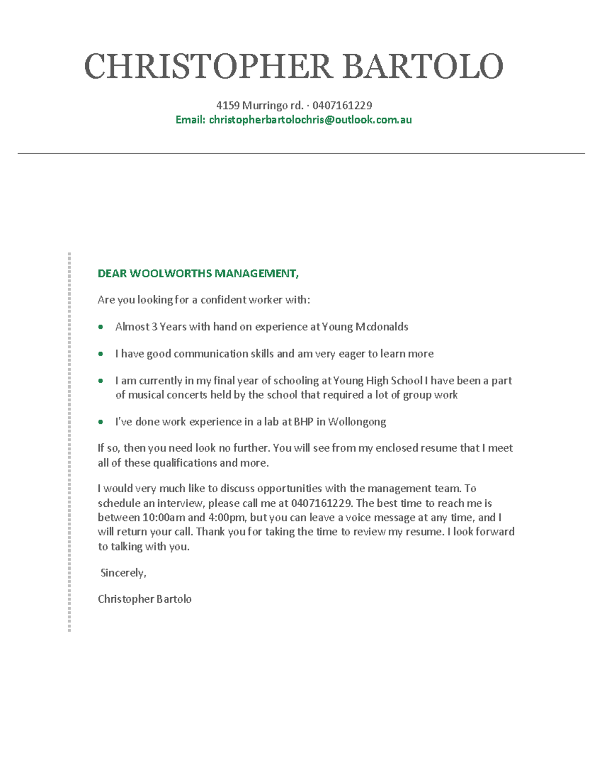 Resume - CHRISTOPHER BARTOLO 4159 Murringo rd. · 0407161229 Email ...