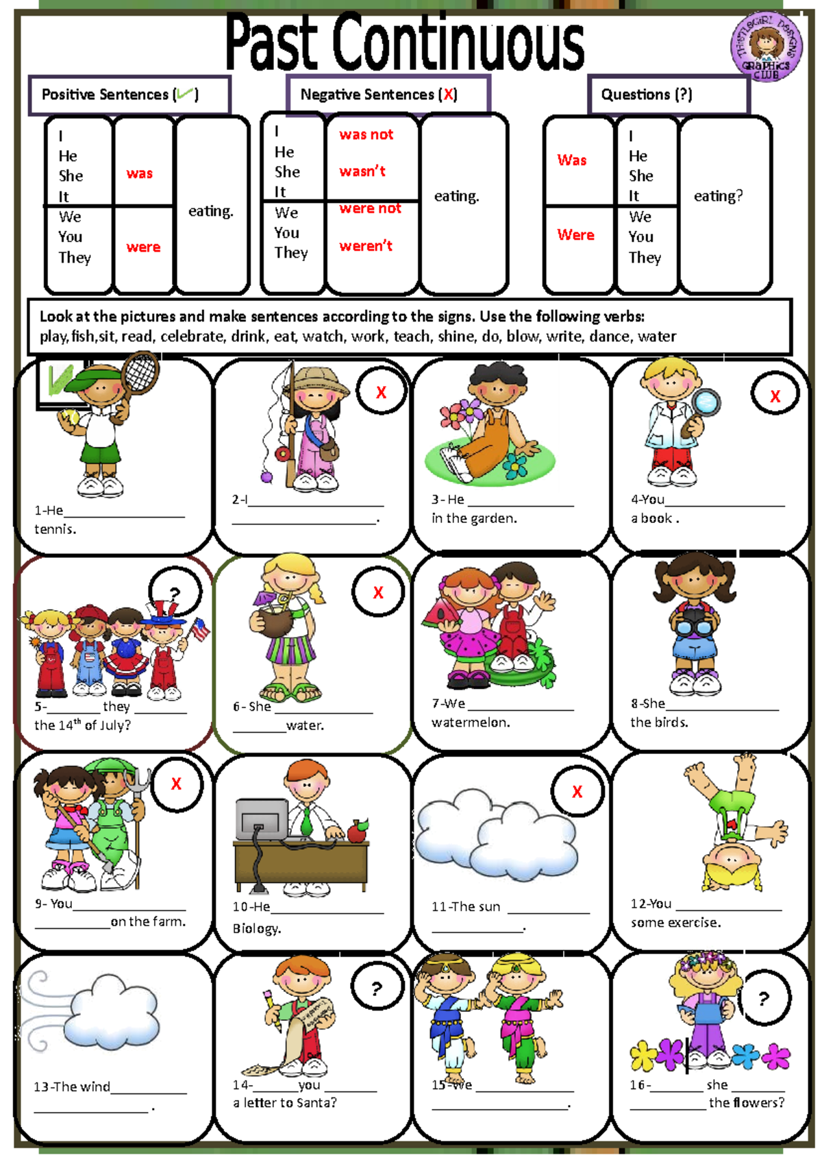Past-continuous - Positive Sentences ( ) Negative Sentences (X ...