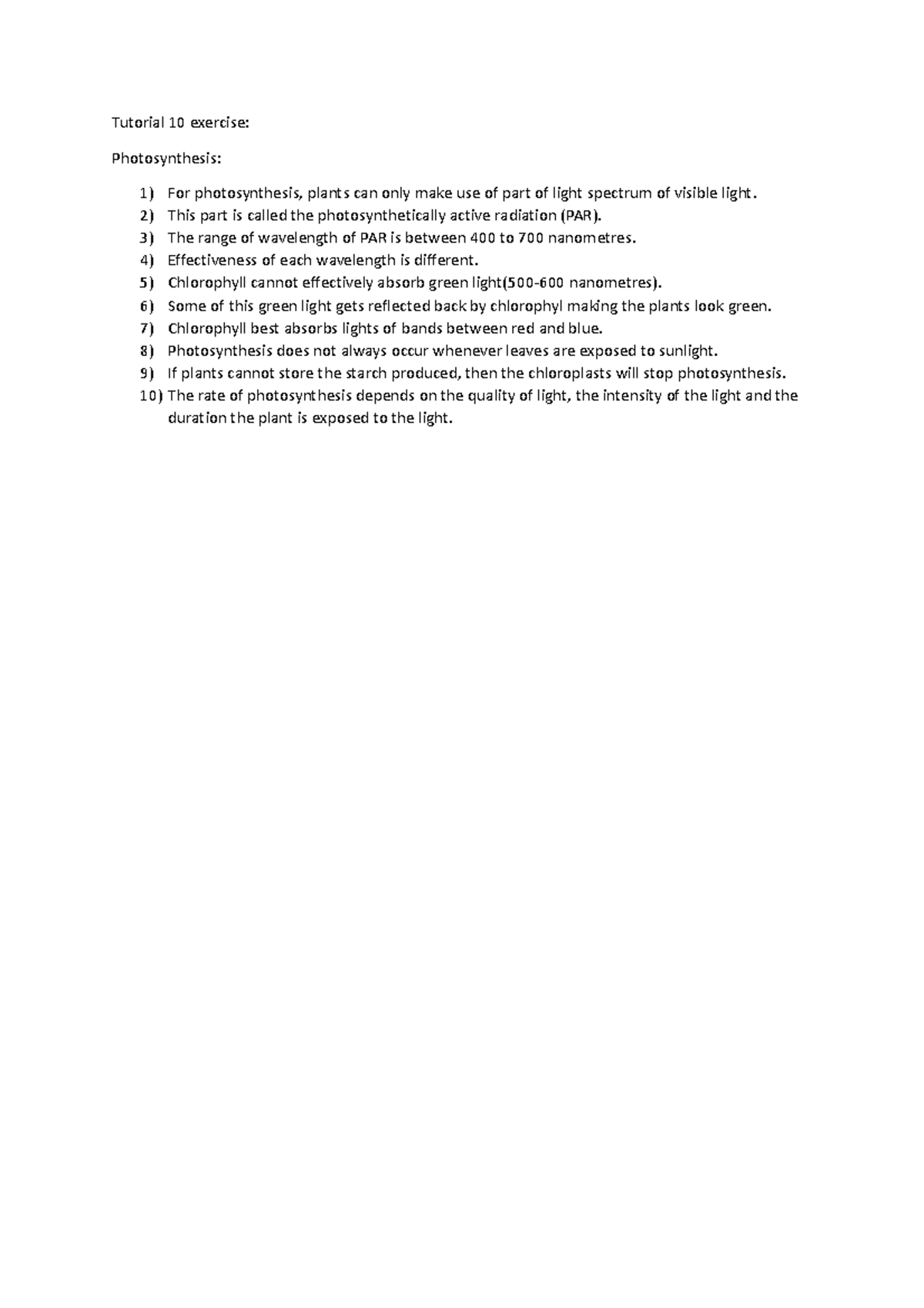 Tutorial 10 exercise - Tutorial 10 exercise: Photosynthesis: For ...