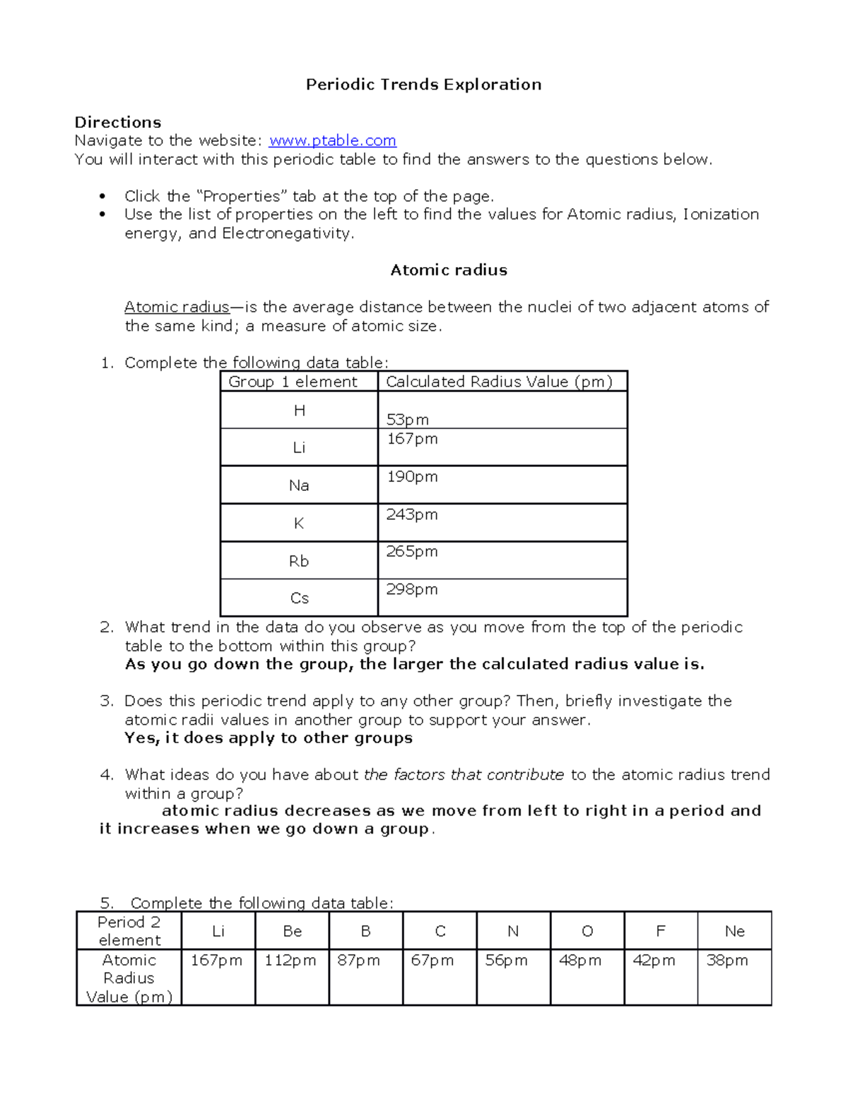 Periodic Trends Exploration - Periodic Trends Exploration Directions ...