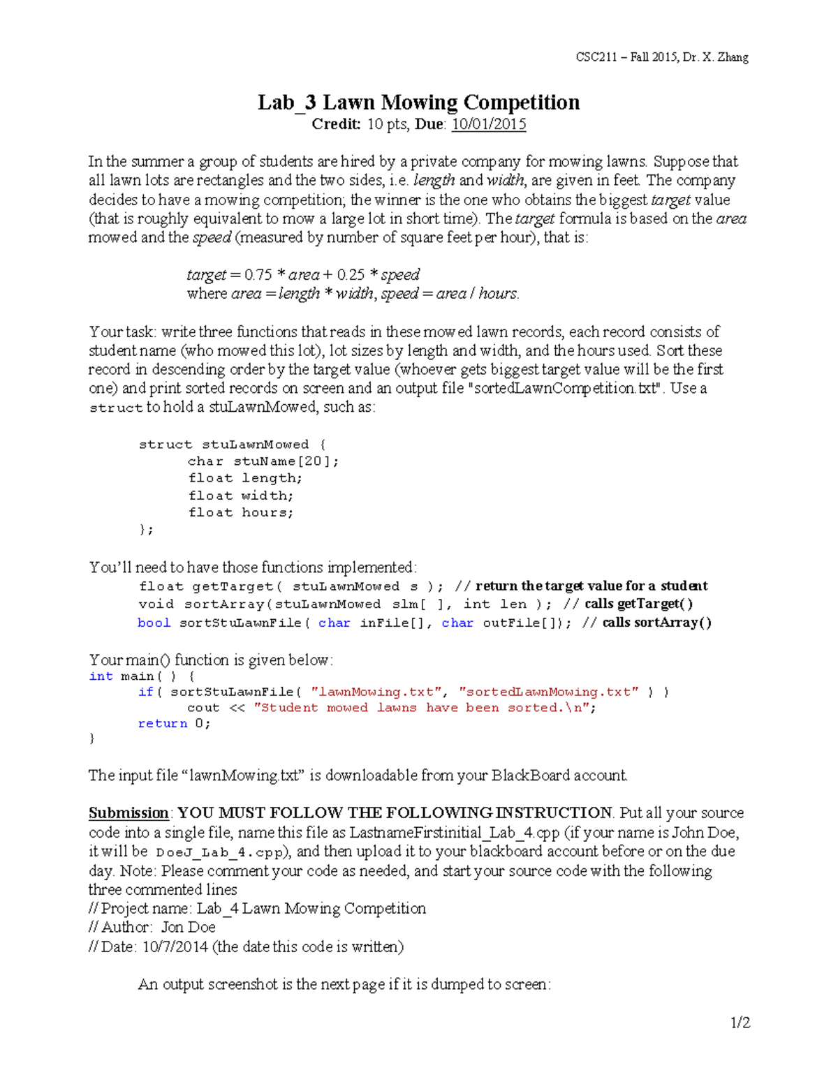 Lab 3 Lawn Mowing Competition - CSC 211 – Fall 2015 , Dr. X. Zhang 1 ...