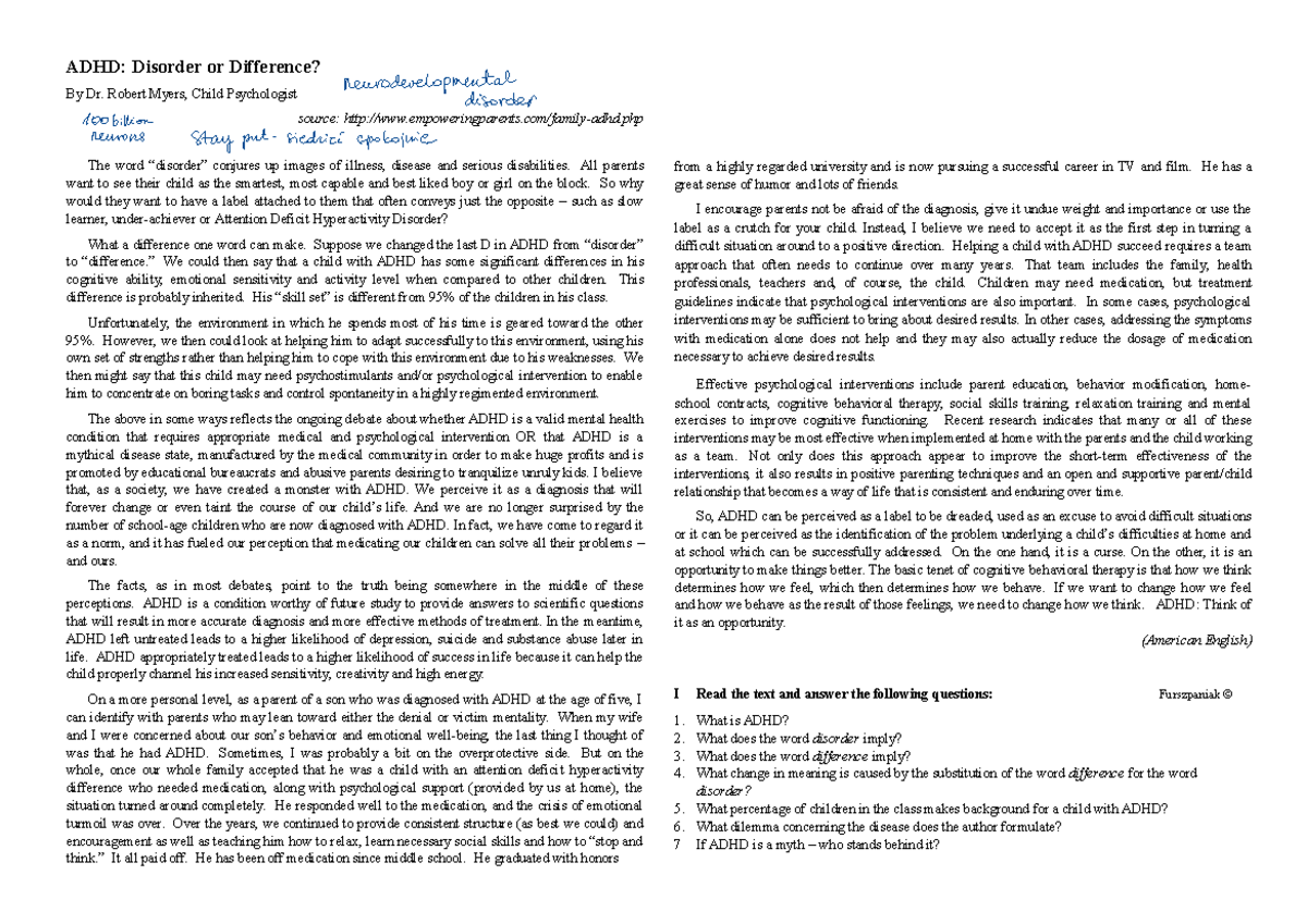 ADHD notes - tekst i ćwiczenia - ADHD: Disorder or Difference? By Dr ...