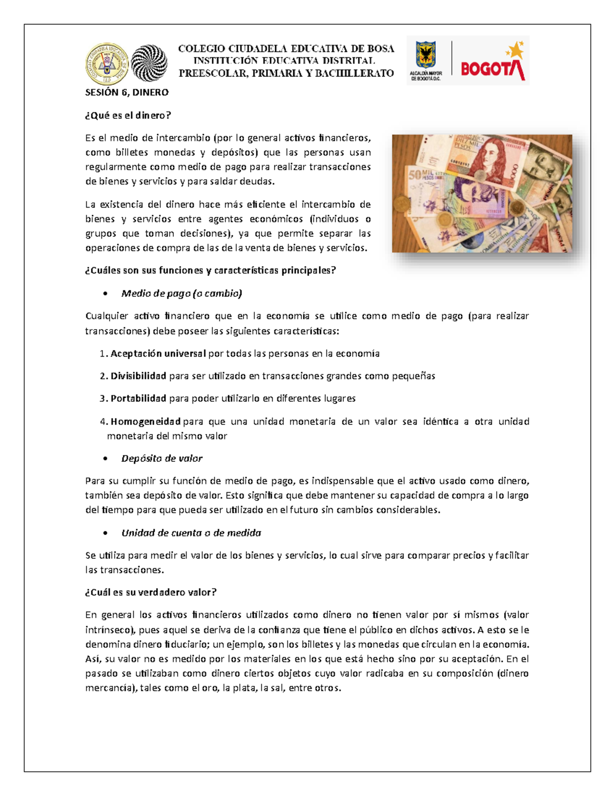 Sesión 6.2 Decimo - SESIÓN 6 , DINERO ¿Qué es el dinero? Es el medio de ...