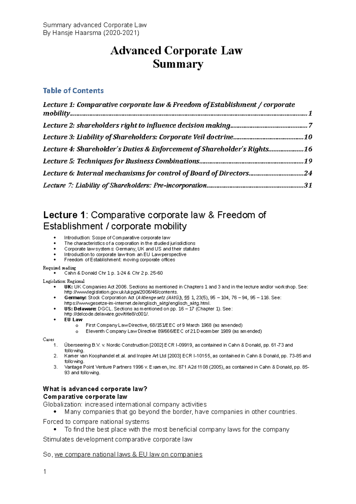 Advanced Corporate Law summary - By Hansje Haarsma (2020-2021) Advanced ...
