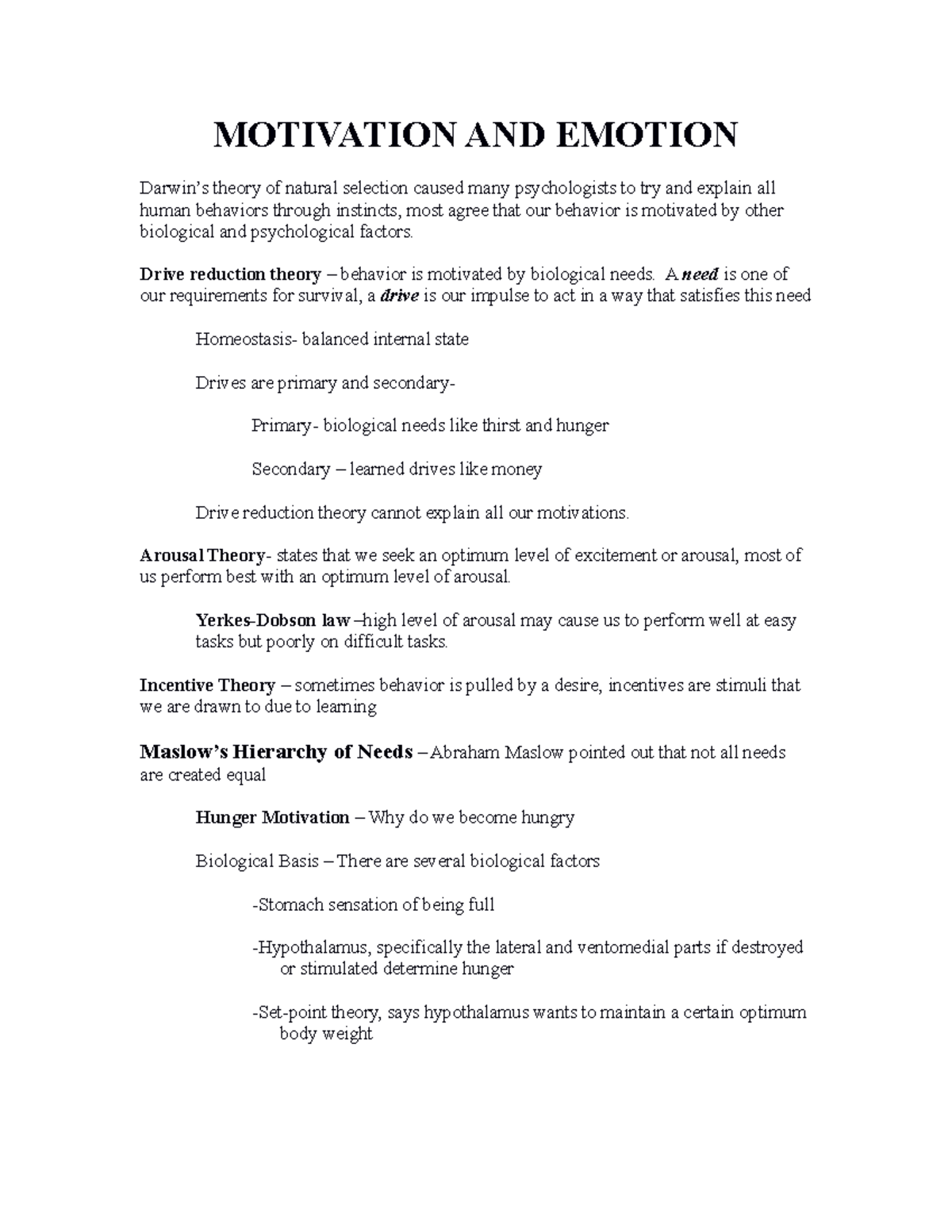Chapter 13 - Emotion - notes - MOTIVATION AND EMOTION Darwin’s theory ...