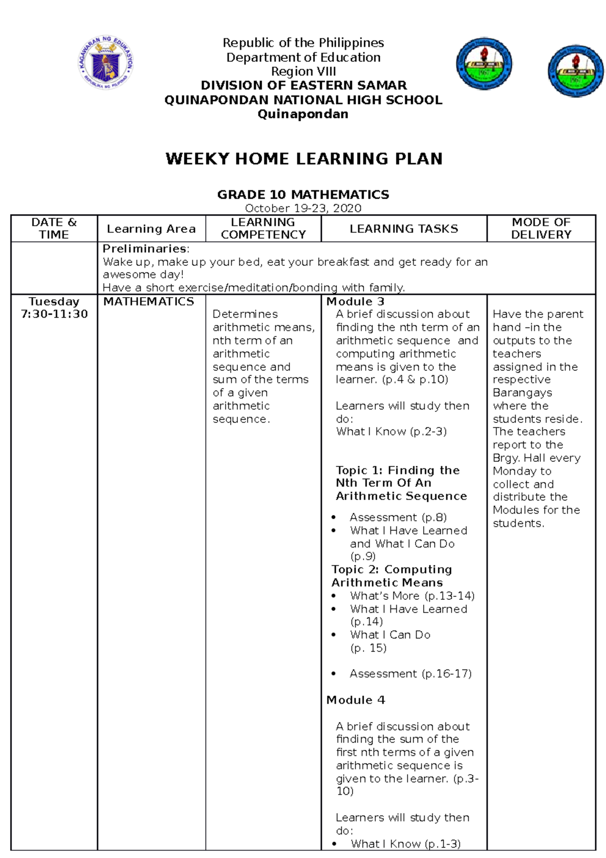 MATH WEEK 3 - Learning Activity Sheet for Mathematics 10 Quarter 4 week ...