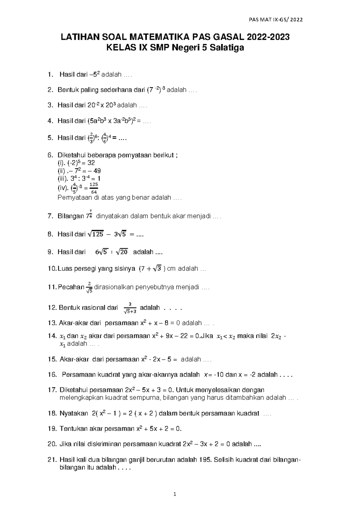 Latihan SOAL PAS Matematika Gasal Kelas 9 - LATIHAN SOAL MATEMATIKA PAS GASAL 2022- KELAS IX SMP ...