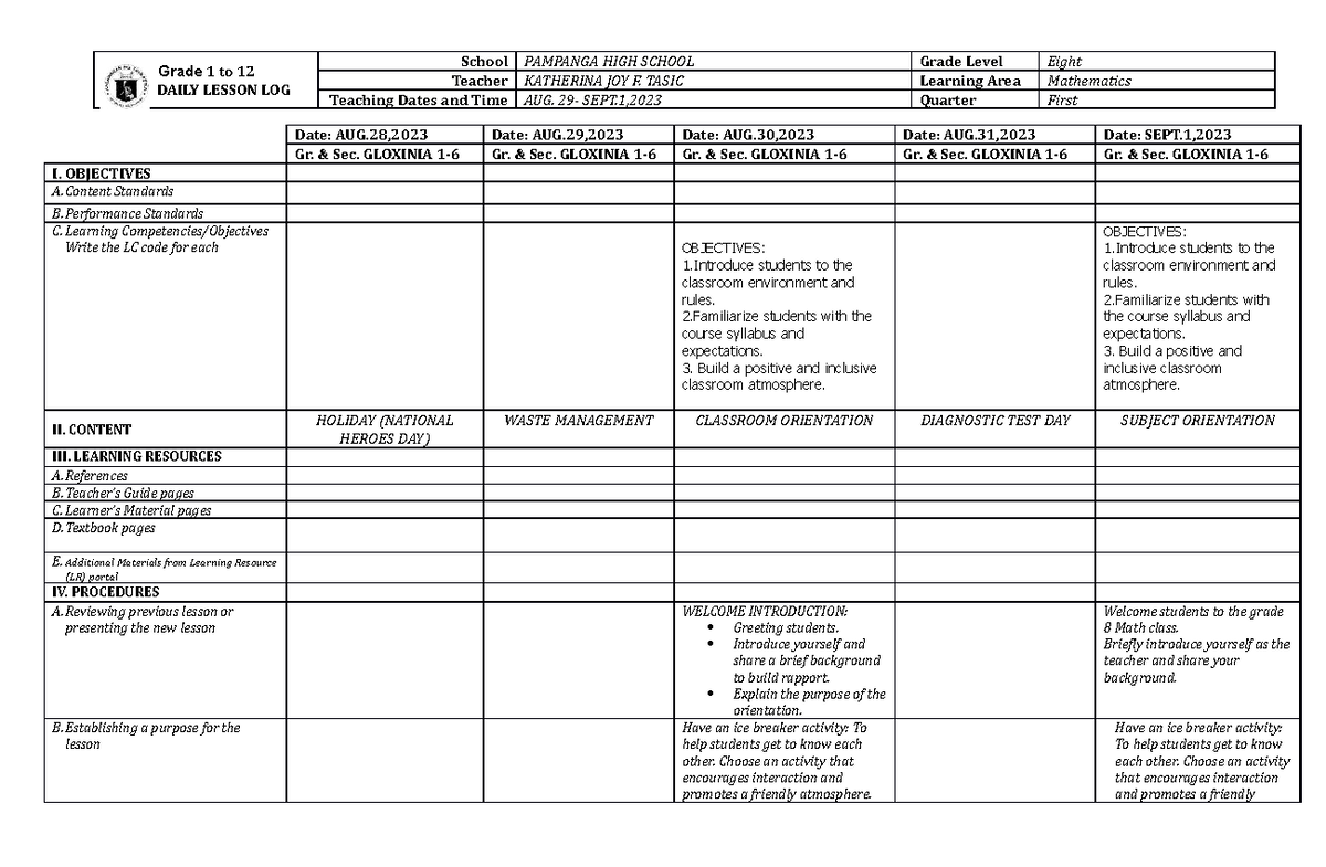 DLL WEEK 1 SY 2023 2024 - DLL for 1st QT - Grade 1 to 12 DAILY LESSON ...