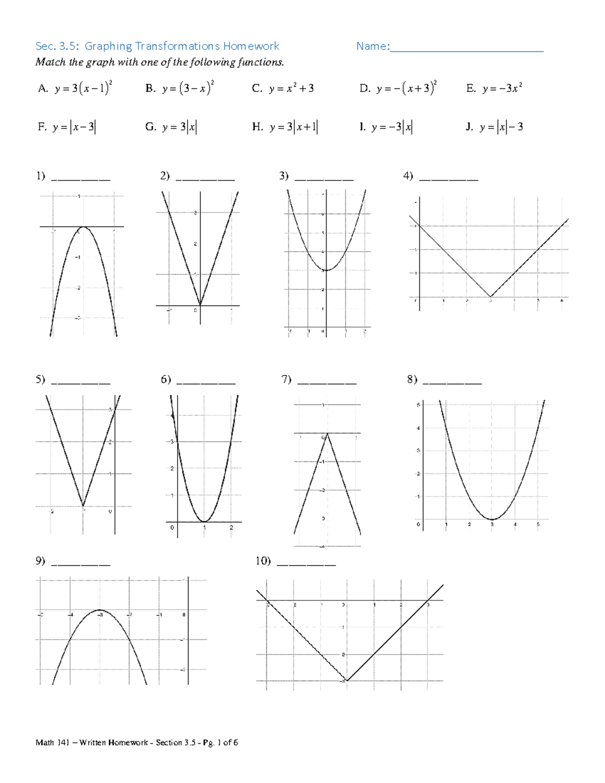Sec. 3.5 HW - Its easy - Sec. 3: Graphing Transformations Homework Name