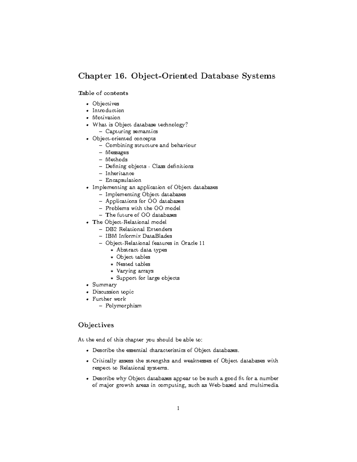 Chp16 - Database system - Chapter 16. Object-Oriented Database Systems Table of contents - - Studocu