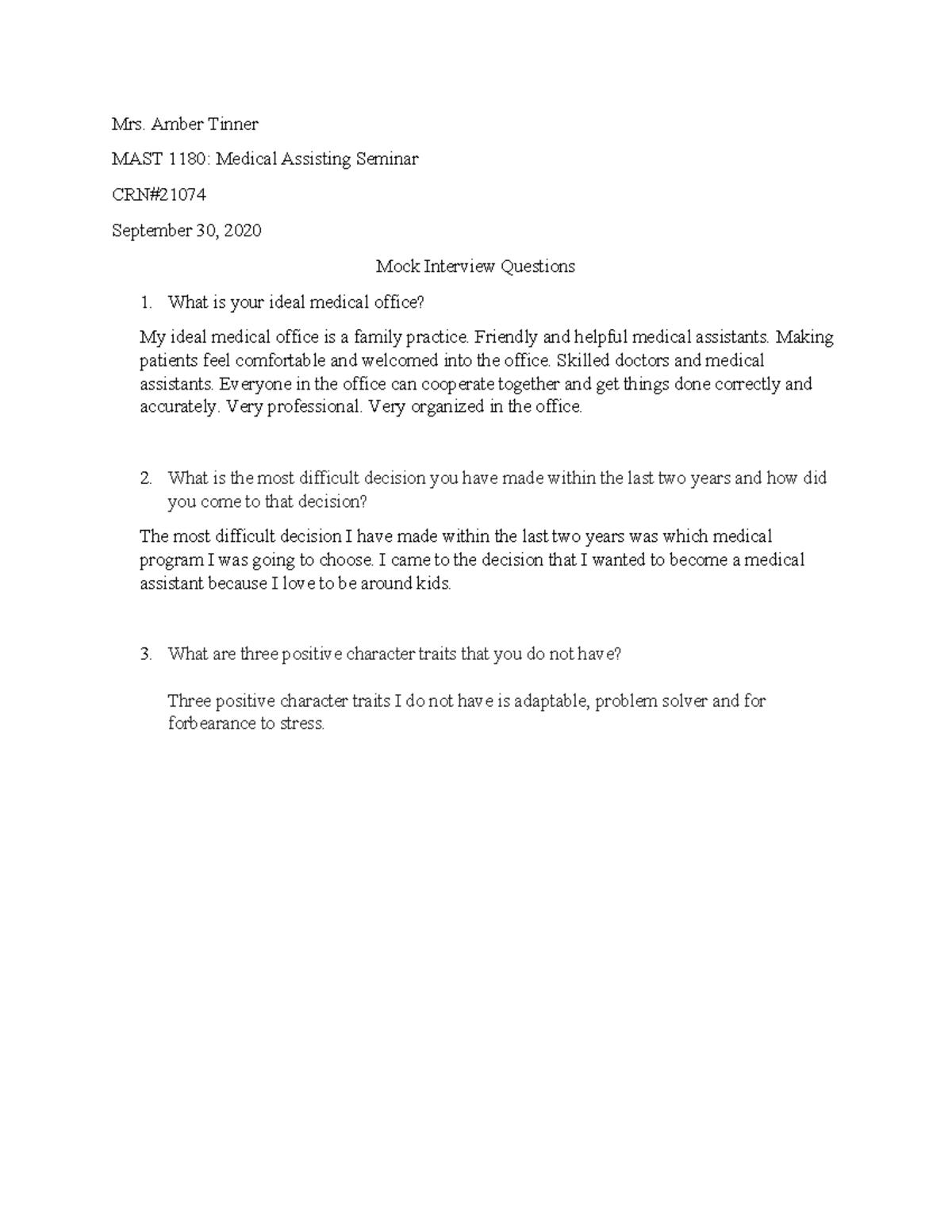 Mock Interview Questions pdf - Mrs. Amber Tinner MAST 1180: Medical ...