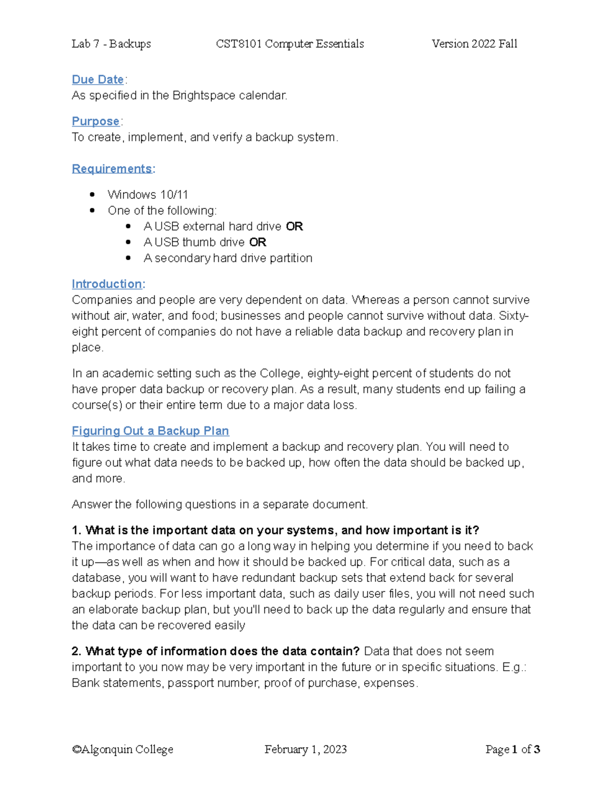 CST8101 350 Lab7 Backups - Lab 7 - Backups CST8101 Computer Essentials Version 2022 Fall Due ...