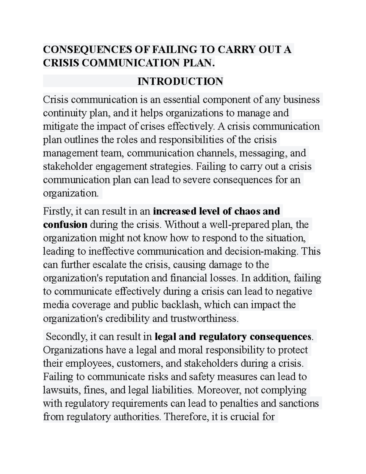 Crisis Communication - lecture - CONSEQUENCES OF FAILING TO CARRY OUT A ...