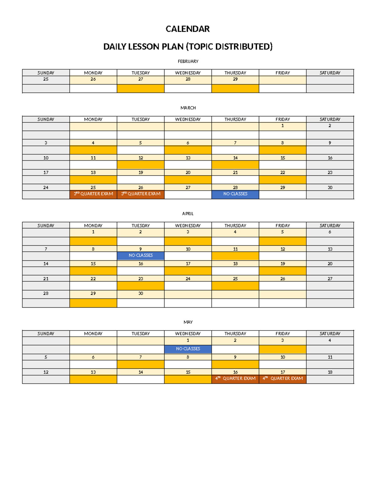 Calendar- Topic- Distribution - CALENDAR DAILY LESSON PLAN (TOPIC ...