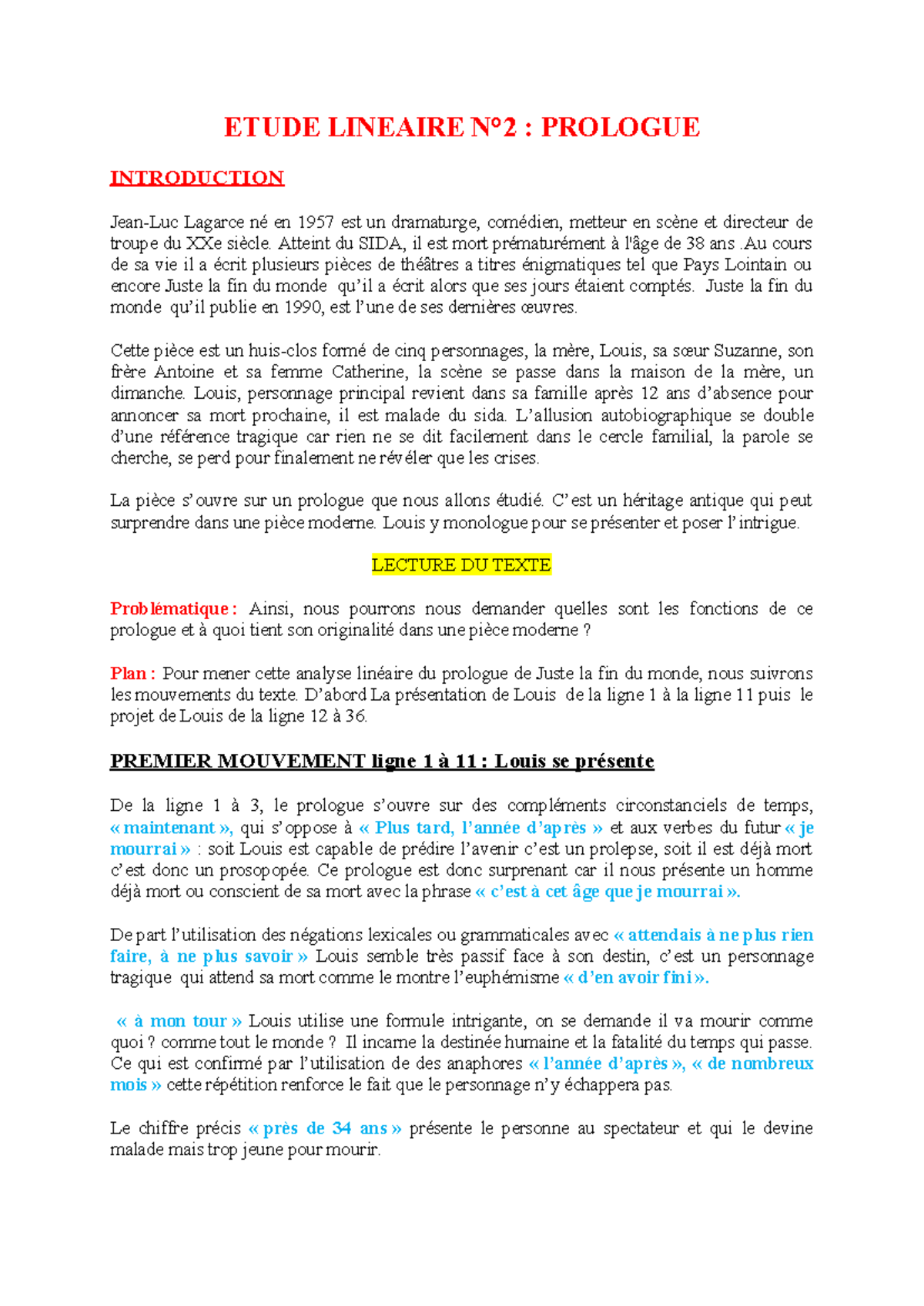 Analyse lineaire 2 corrige - ETUDE LINEAIRE N°2 : PROLOGUE INTRODUCTION ...