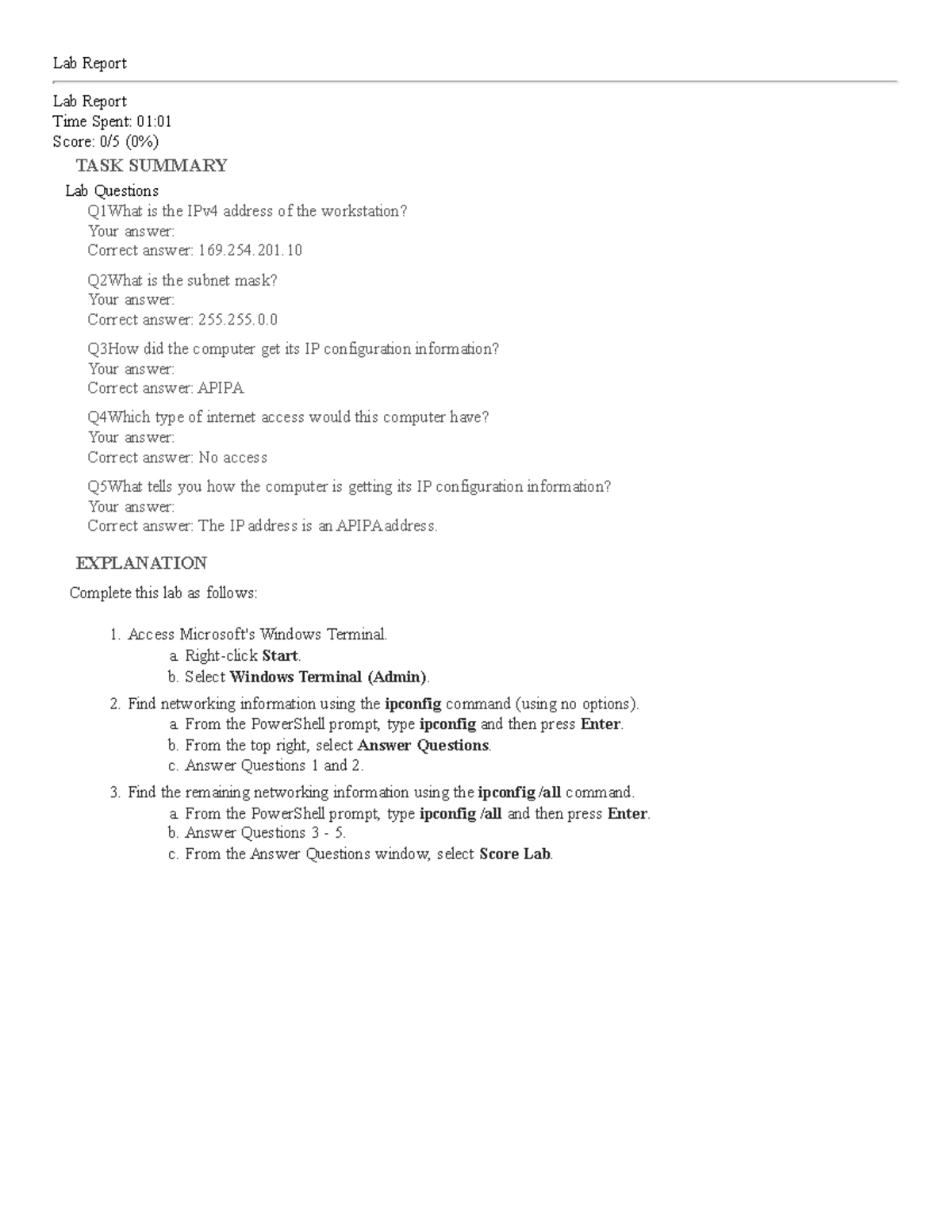 11.18 lab key - LAB KEY - Lab Report Lab Report Time Spent: 01: Score ...