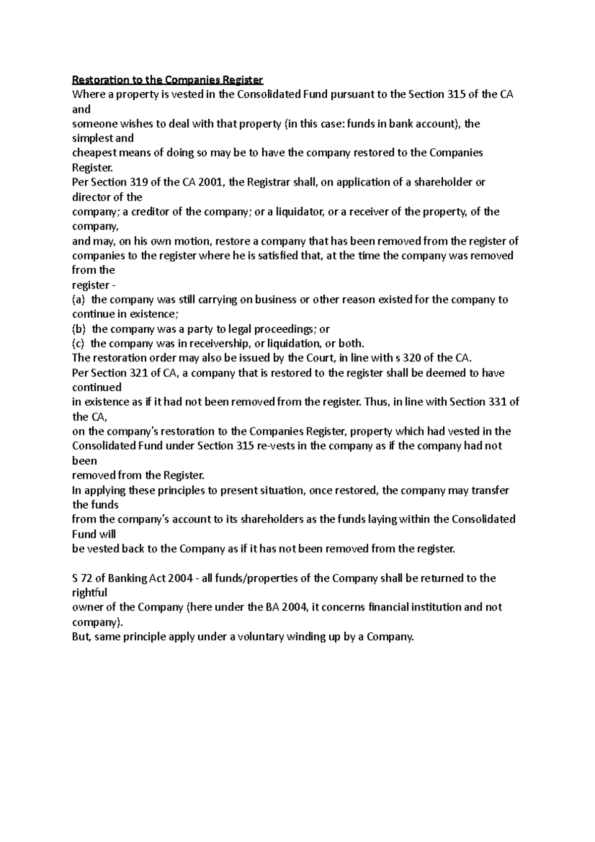 Restoration to the Companies Register - Per Section 319 of the CA 2001 ...