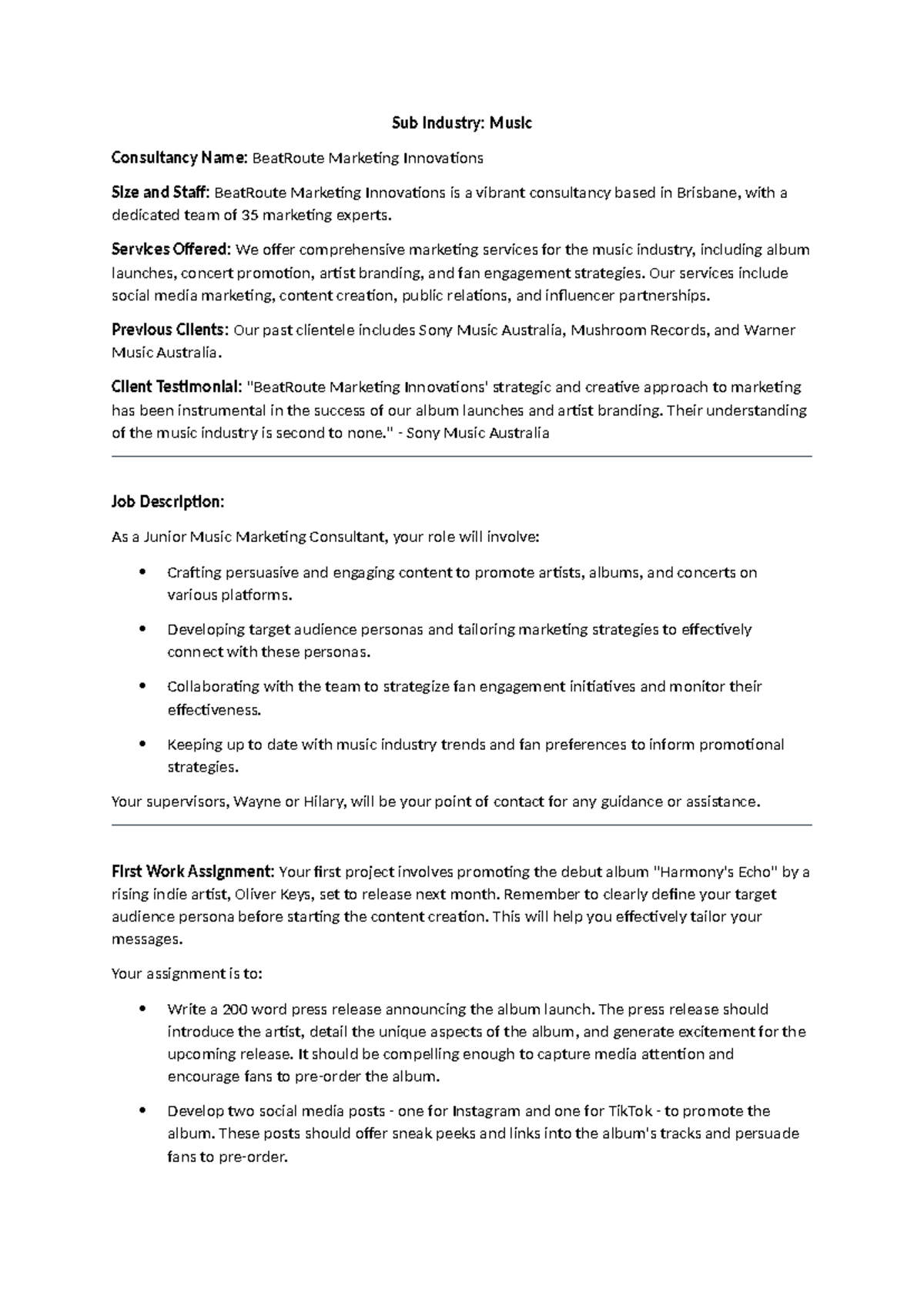 Assignment 1 Music Industry scenario-1 - Sub Industry: Music ...