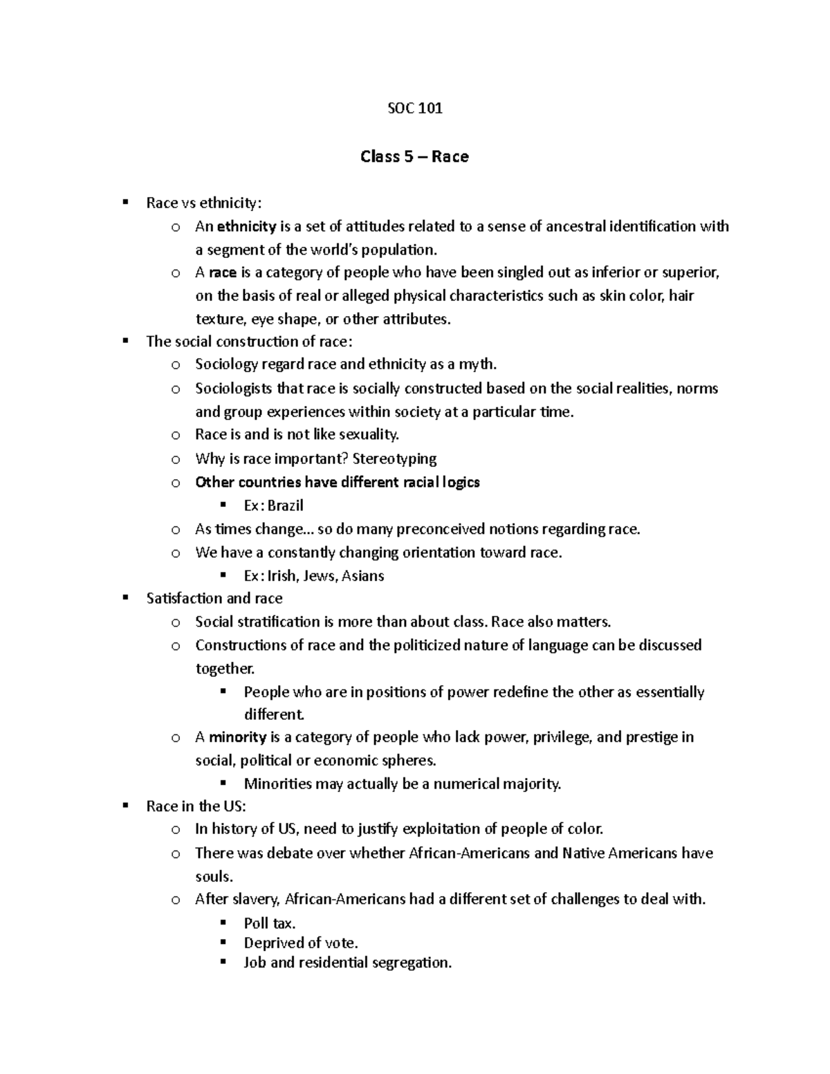 SOC 101 Class 5 - Lecture notes 5 - SOC 101 Class 5 Race Race vs ...