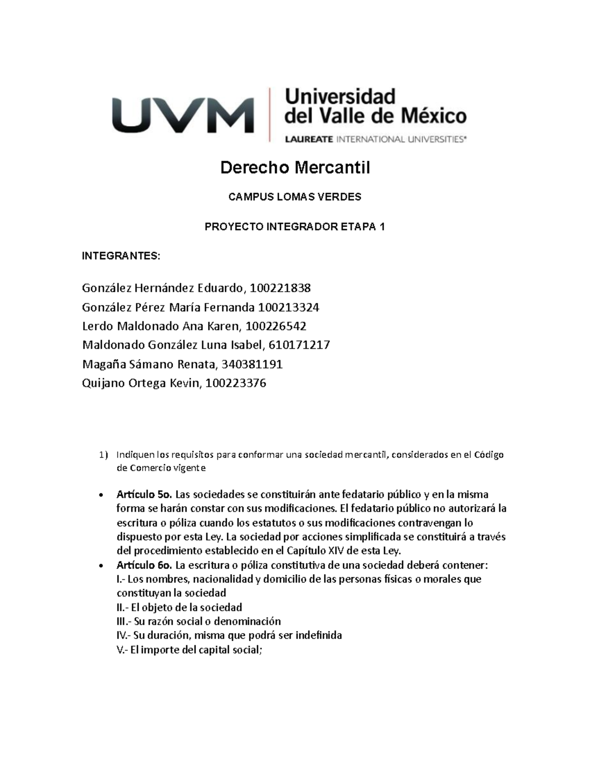 Proyecto Integrador Etapa 1 Derecho - Derecho Mercantil CAMPUS LOMAS VERDES PROYECTO INTEGRADOR ...