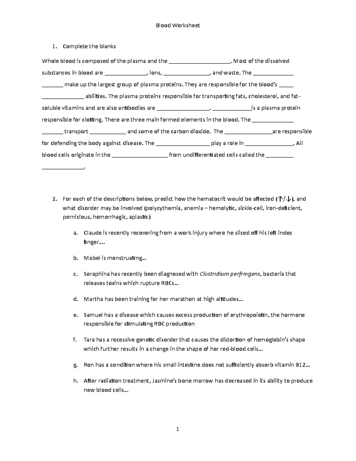 Blood Worksheet - lect notes - Blood Worksheet Complete the blanks ...