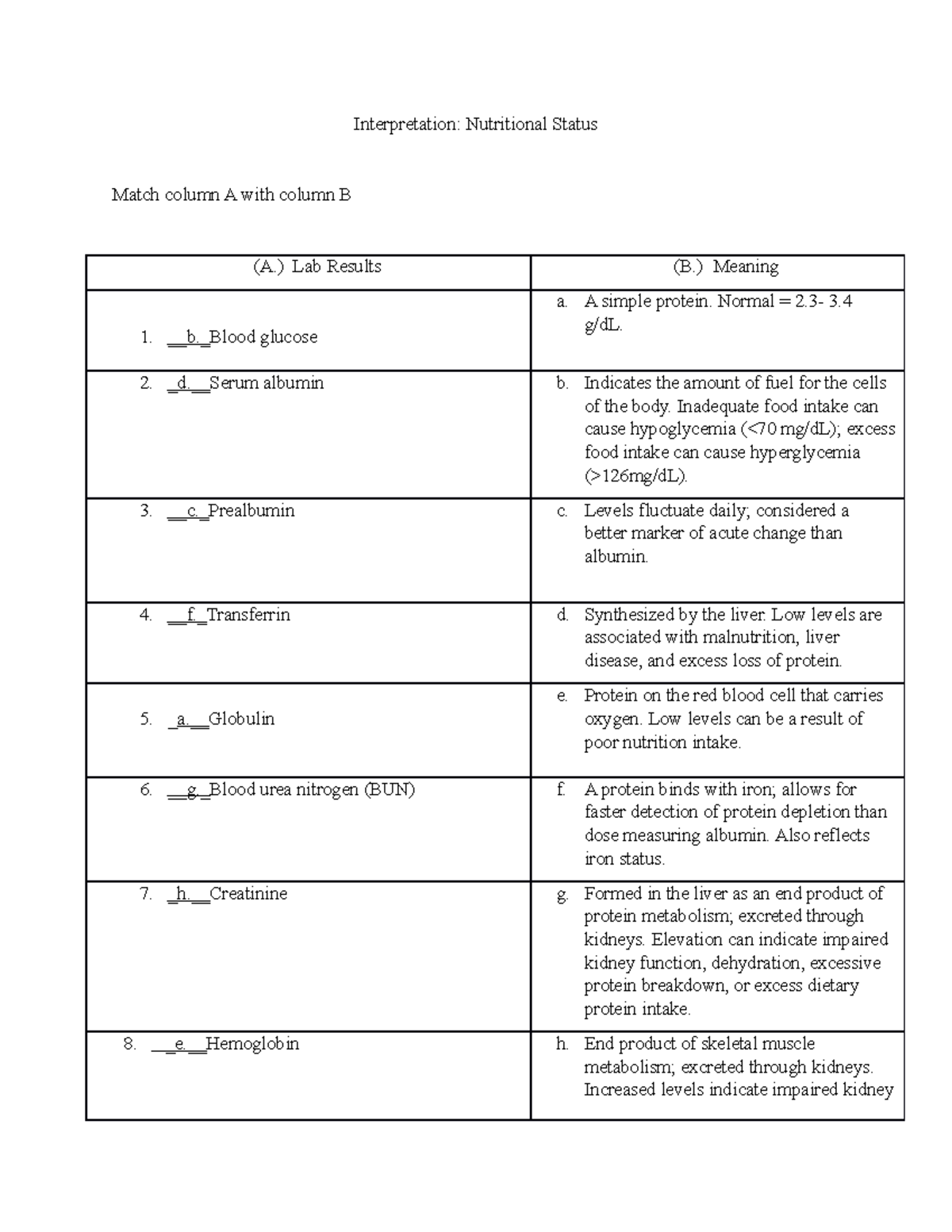 Nutrition Matching Type Activities answer - Interpretation: Nutritional ...