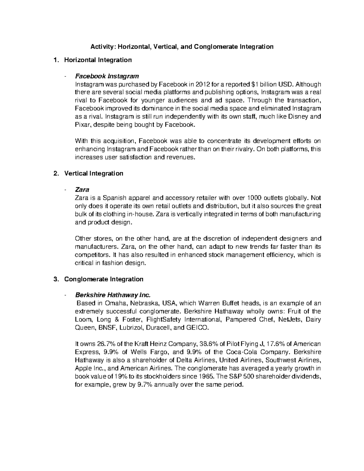 Horizontal, Vertical, and Conglomerate Integration - Activity ...
