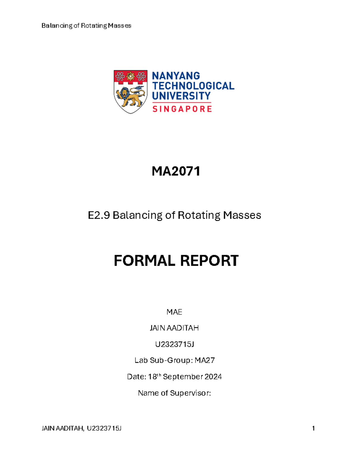 MA2071 E2.9 Formal Report - MA E2 Balancing of Rotating Masses FORMAL ...