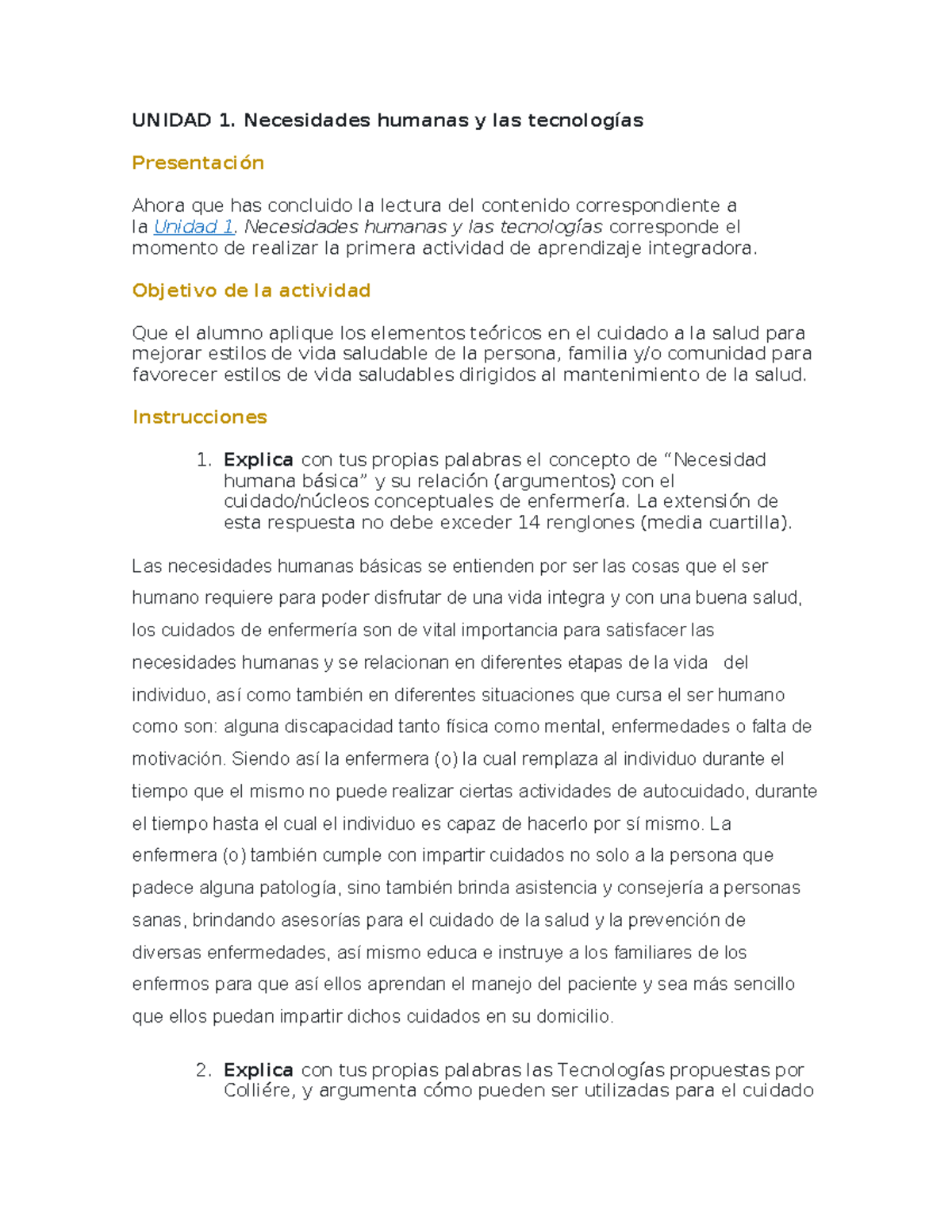 TEC 1 - TEC 1 COLLIERE - UNIDAD 1. Necesidades humanas y las ...