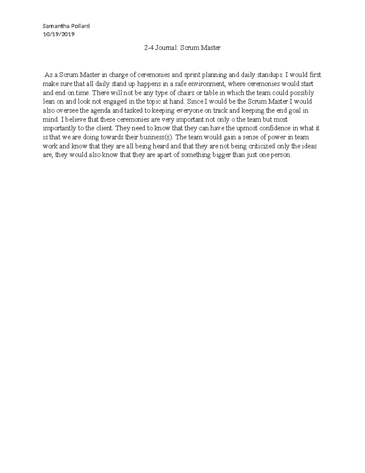2-4 Journal Scrum Master - Samantha Pollard 10/19/ 2-4 Journal: Scrum ...