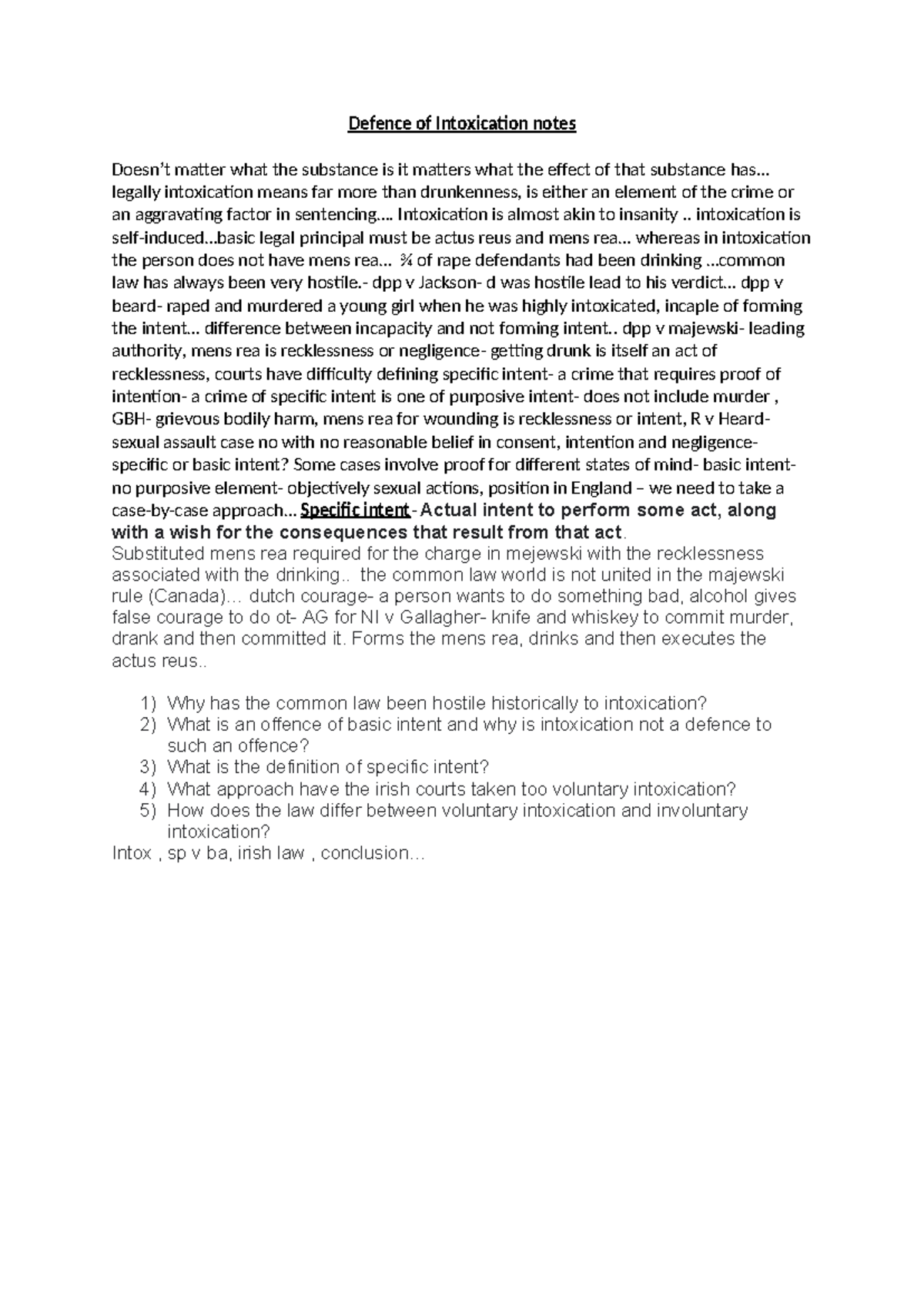 Defence of Intoxication notes - Defence of Intoxication notes Doesn’t ...