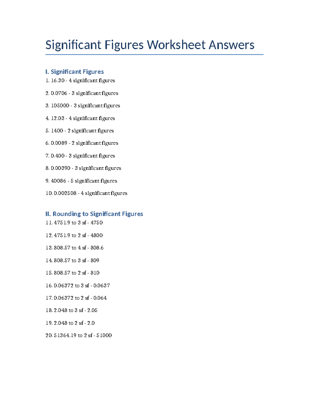 Significant Figures Worksheet Answers - Significant Figures 1. 16 - 4 ...