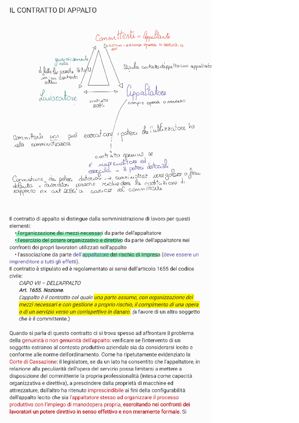 Il contratto di appalto schema sinottico - Diritto del lavoro - Studocu