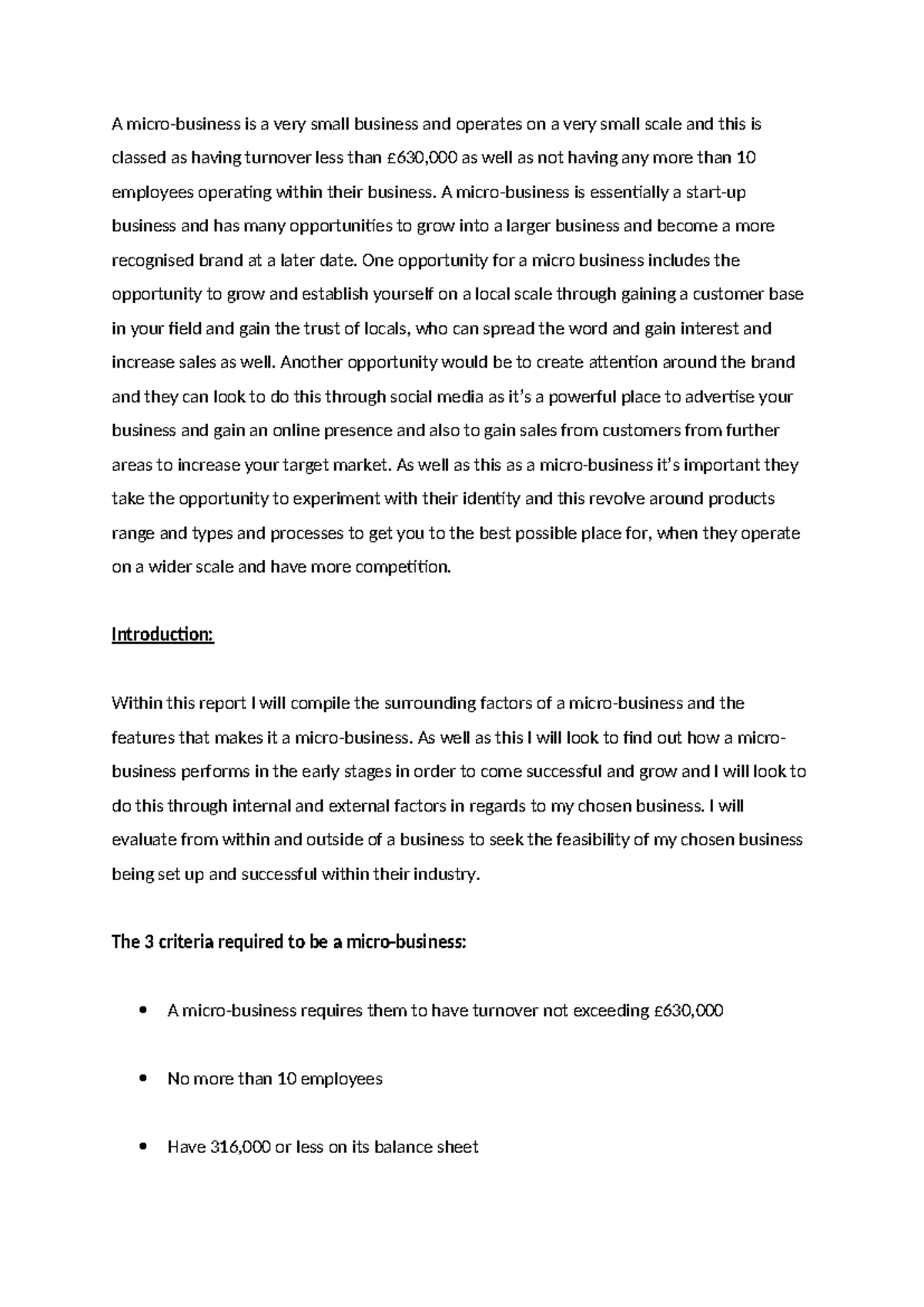 Unit 19 Assignment 1 BTEC Level - A micro-business is a very small ...