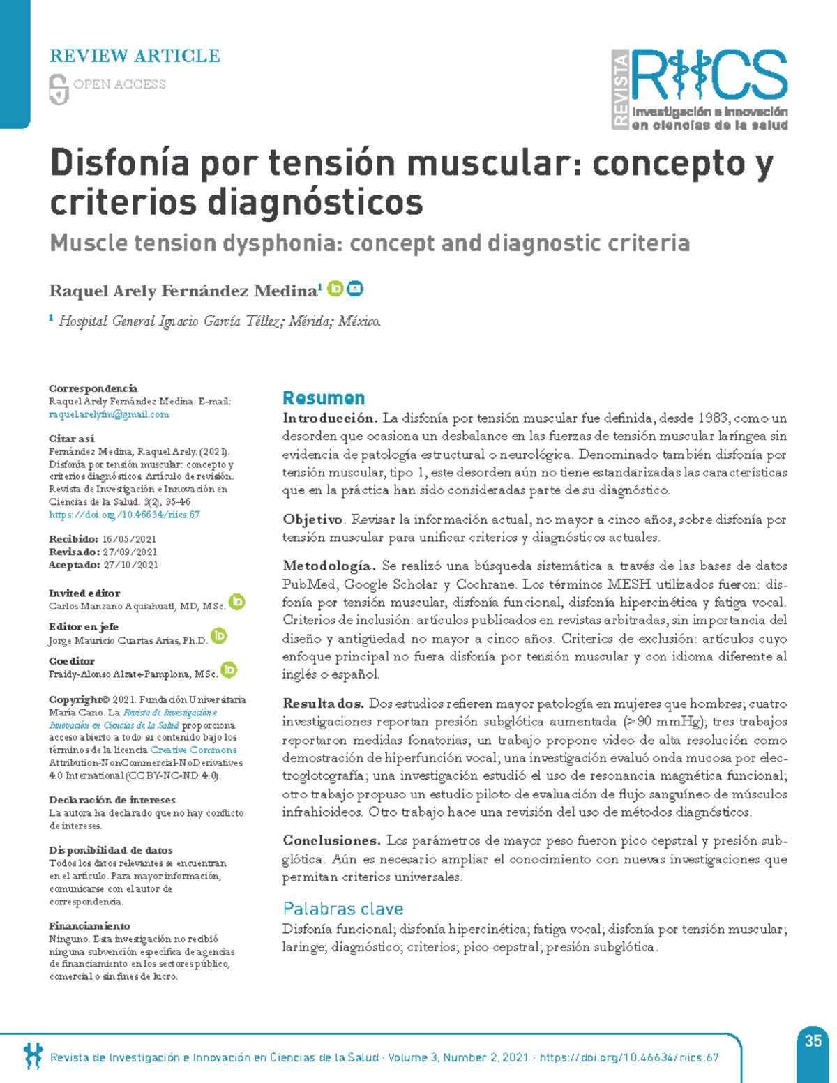 Disfonia por tension muscular concepto y criterios - 35 REVIEW ARTICLE ...